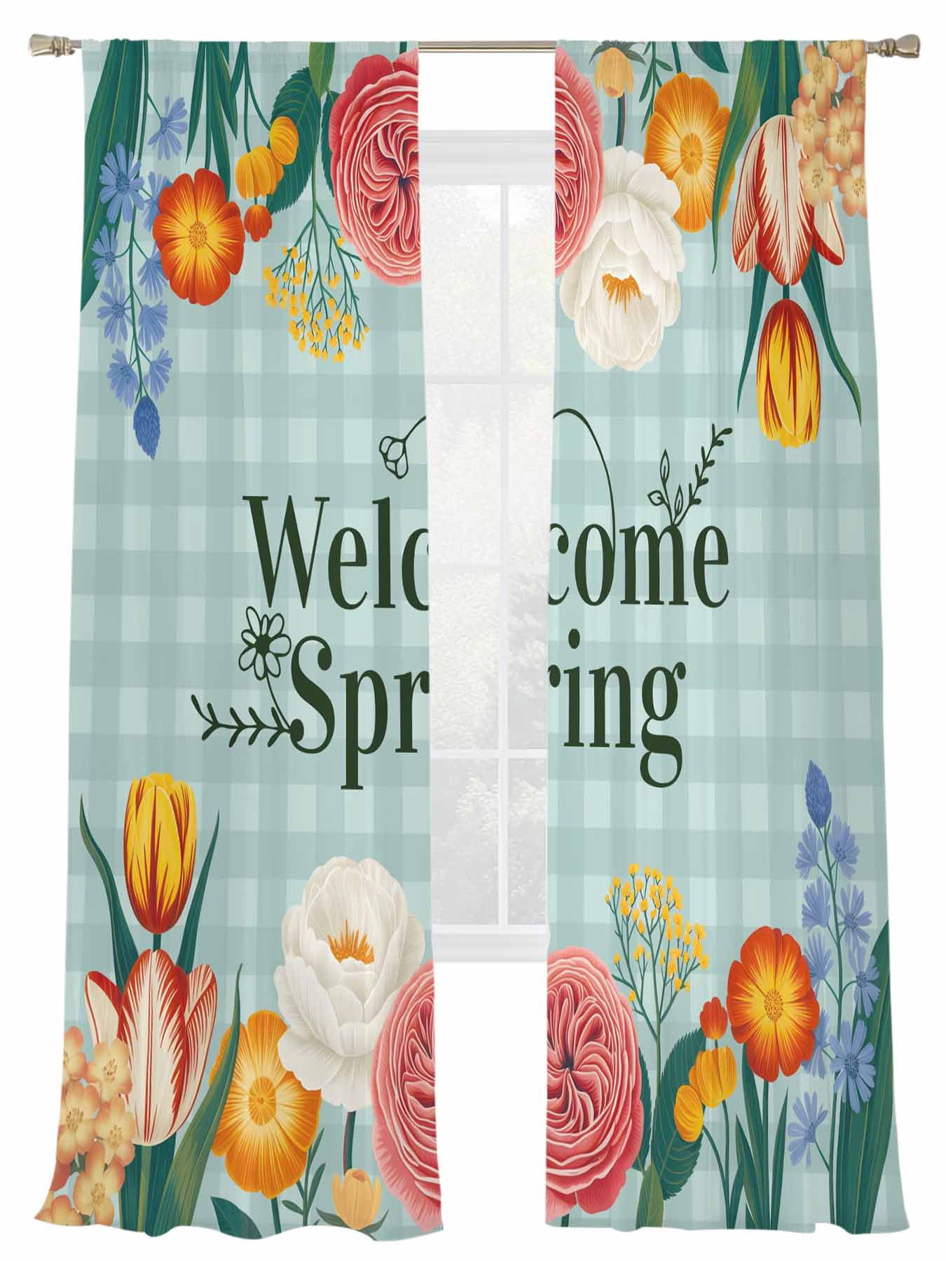 Welcome Spring Sheer Curtains 96 Inch Long 2 Panels, Watercolor Flowers ...