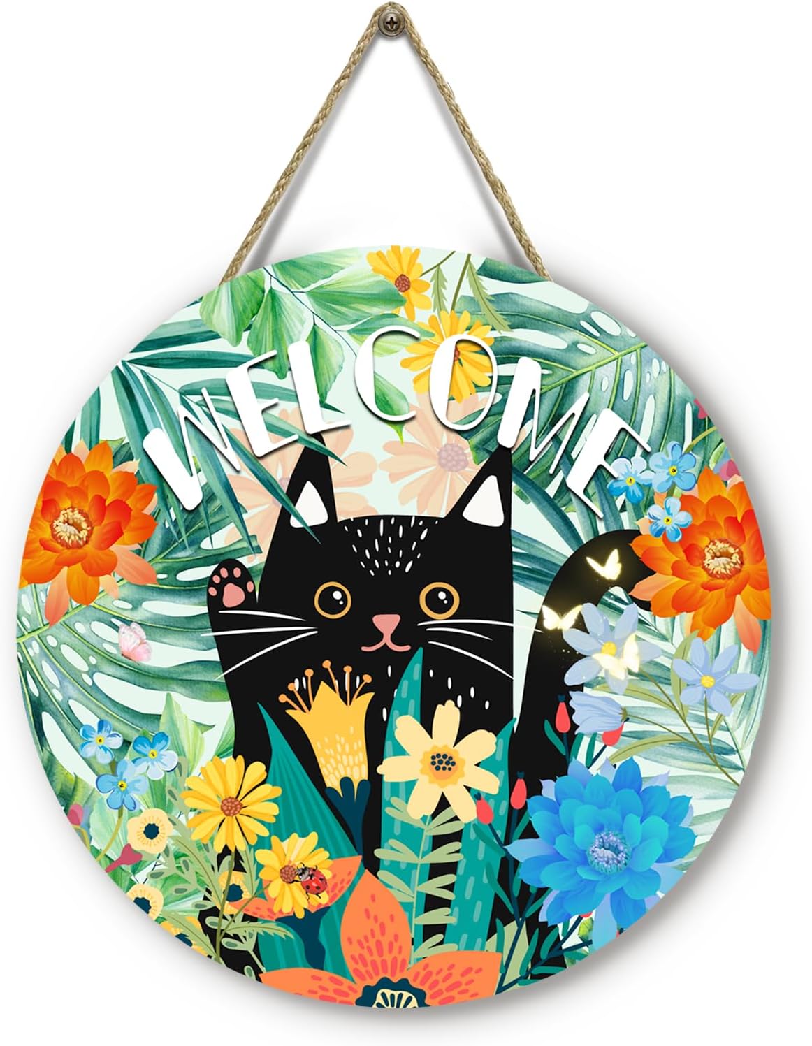 Welcome Spring Sign for Front Door Black Cat Flowers Round Door Signs ...
