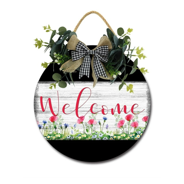 Welcome Spring Sign Front for Door Decoration, 12 in Round Wood Wreaths ...