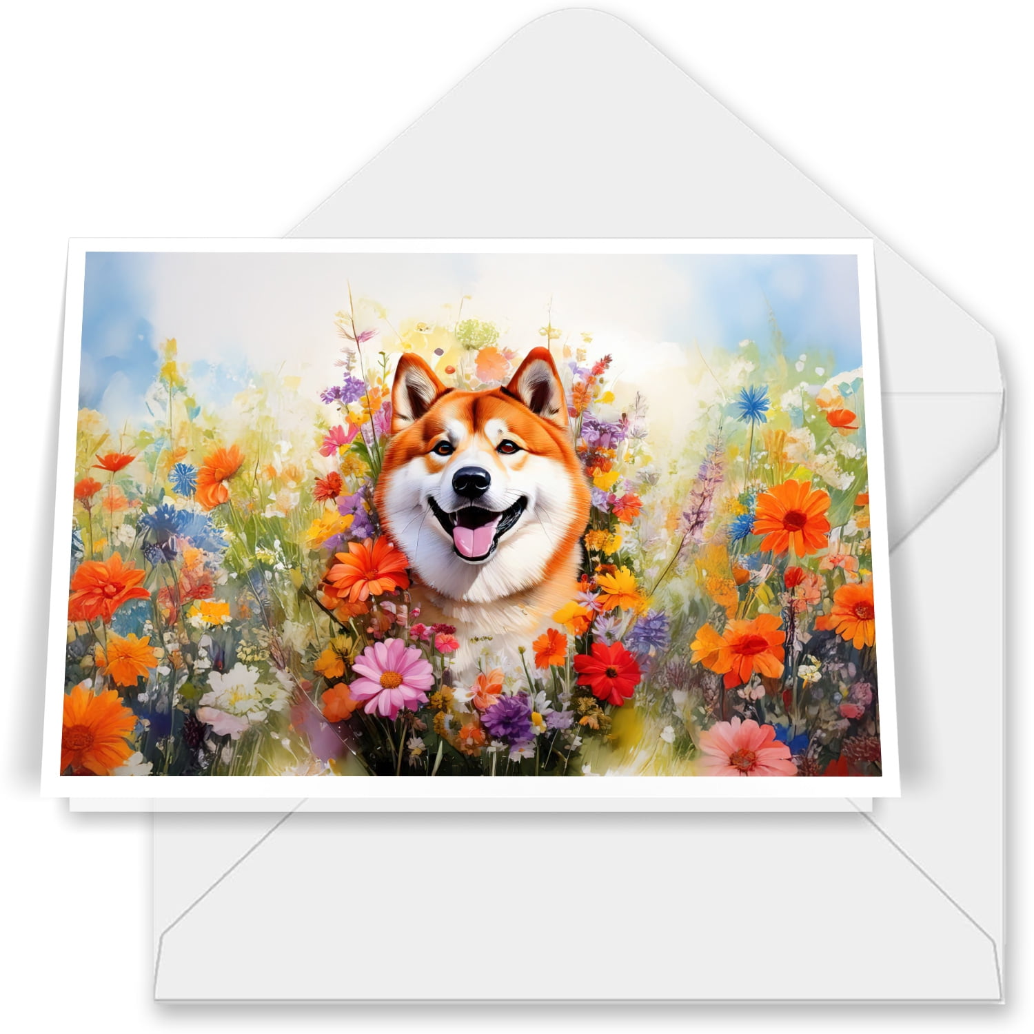 Welcome Spring Summer Akita Portrait Flower Blue Sky 7x5in Folded ...