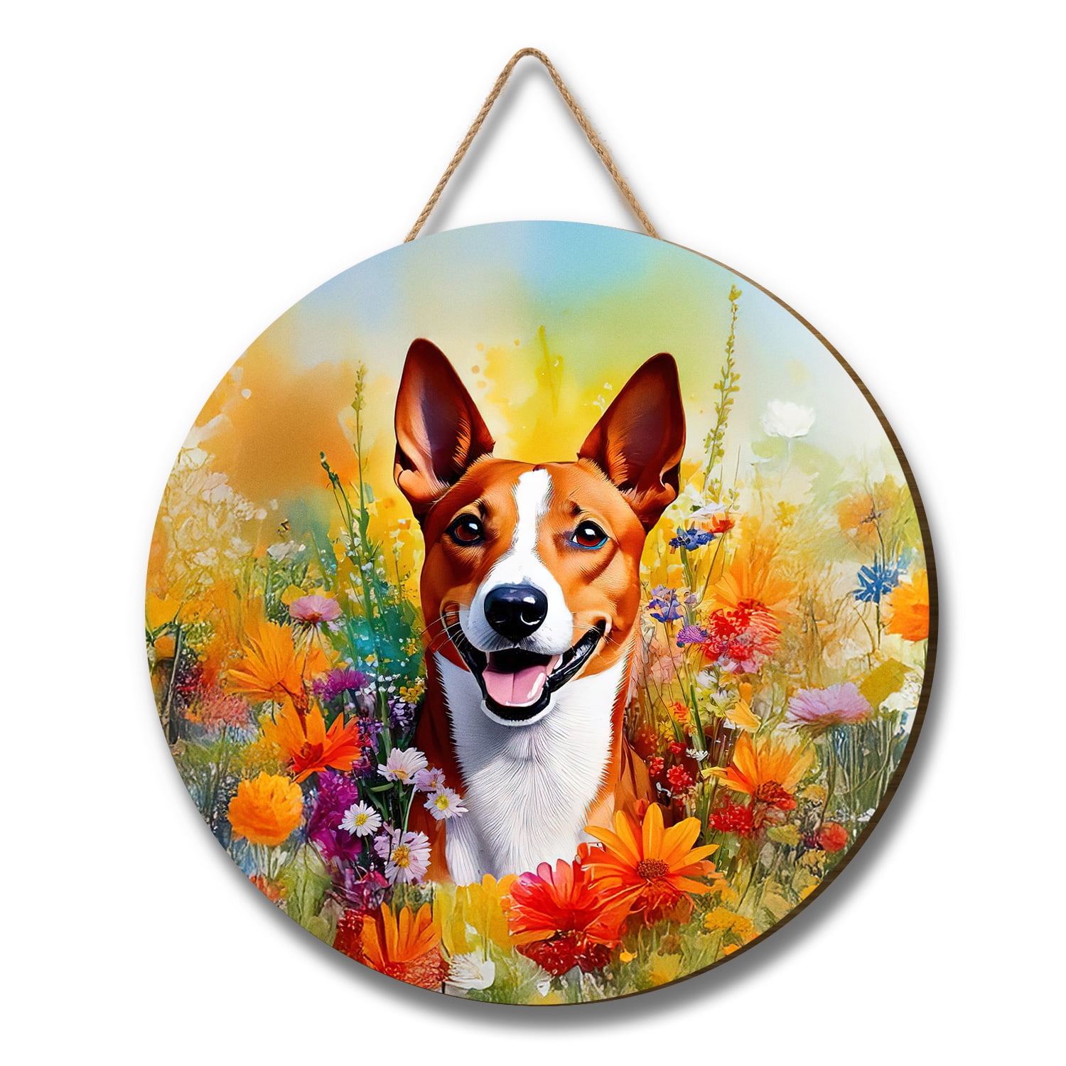 Welcome Spring Summer Basenji Portrait Flower Blue Sky Round Wood Sign ...