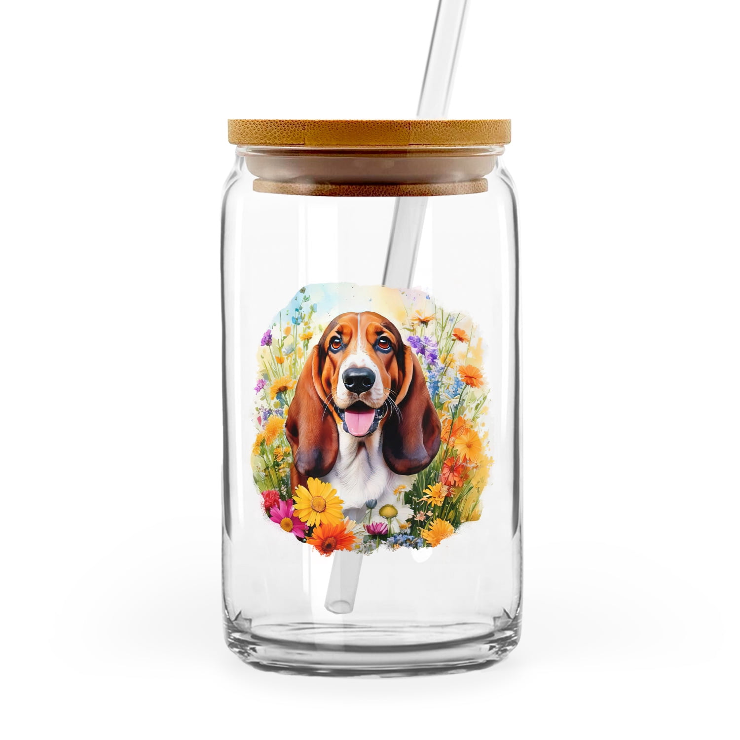 Welcome Spring Summer Basset Hound Portrait Flower Blue Sky 16oz Glass ...
