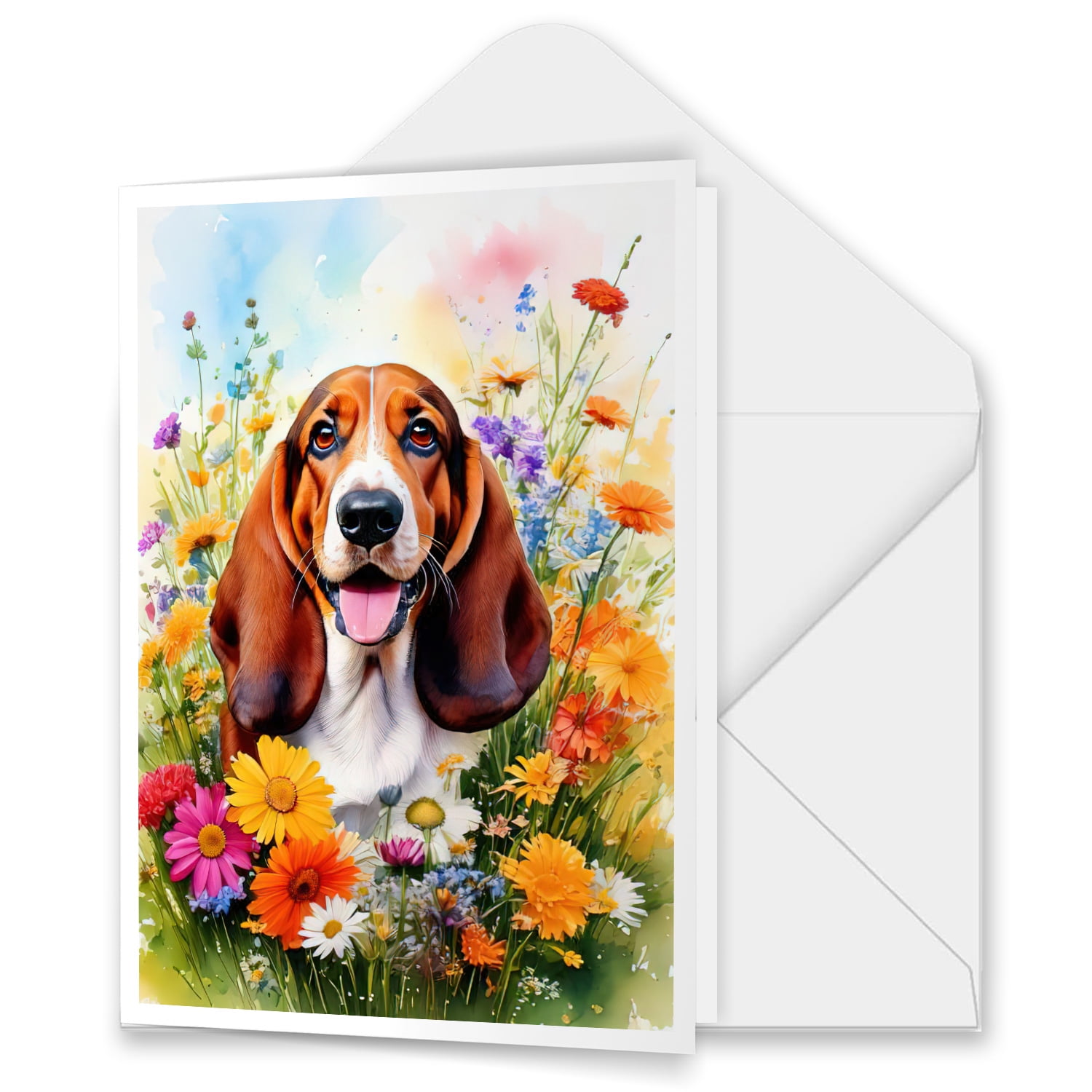 Welcome Spring Summer Basset Hound Portrait Flower Blue Sky 5x7in ...