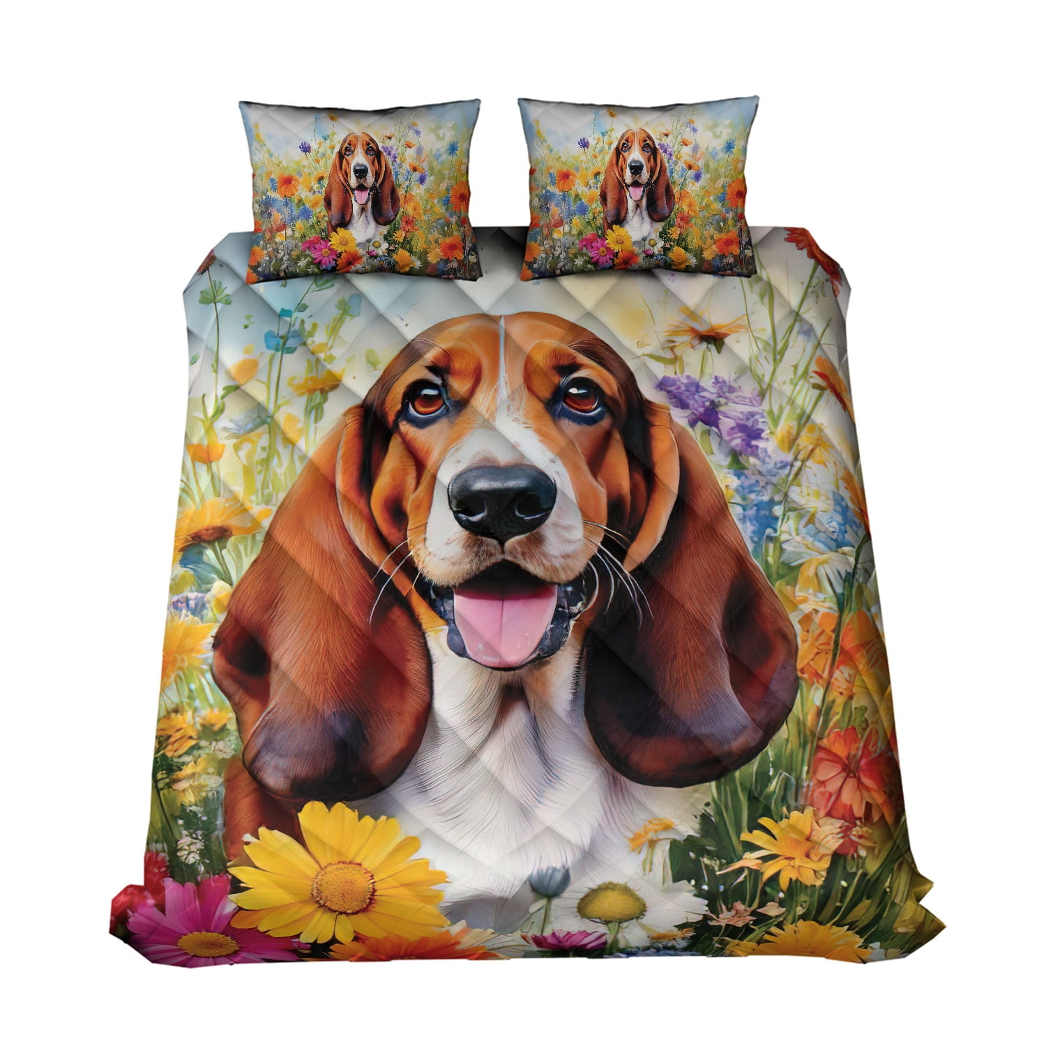Welcome Spring Summer Basset Hound Portrait Flower Blue Sky Quilt Bedding Set Bassets Dog Breed ...