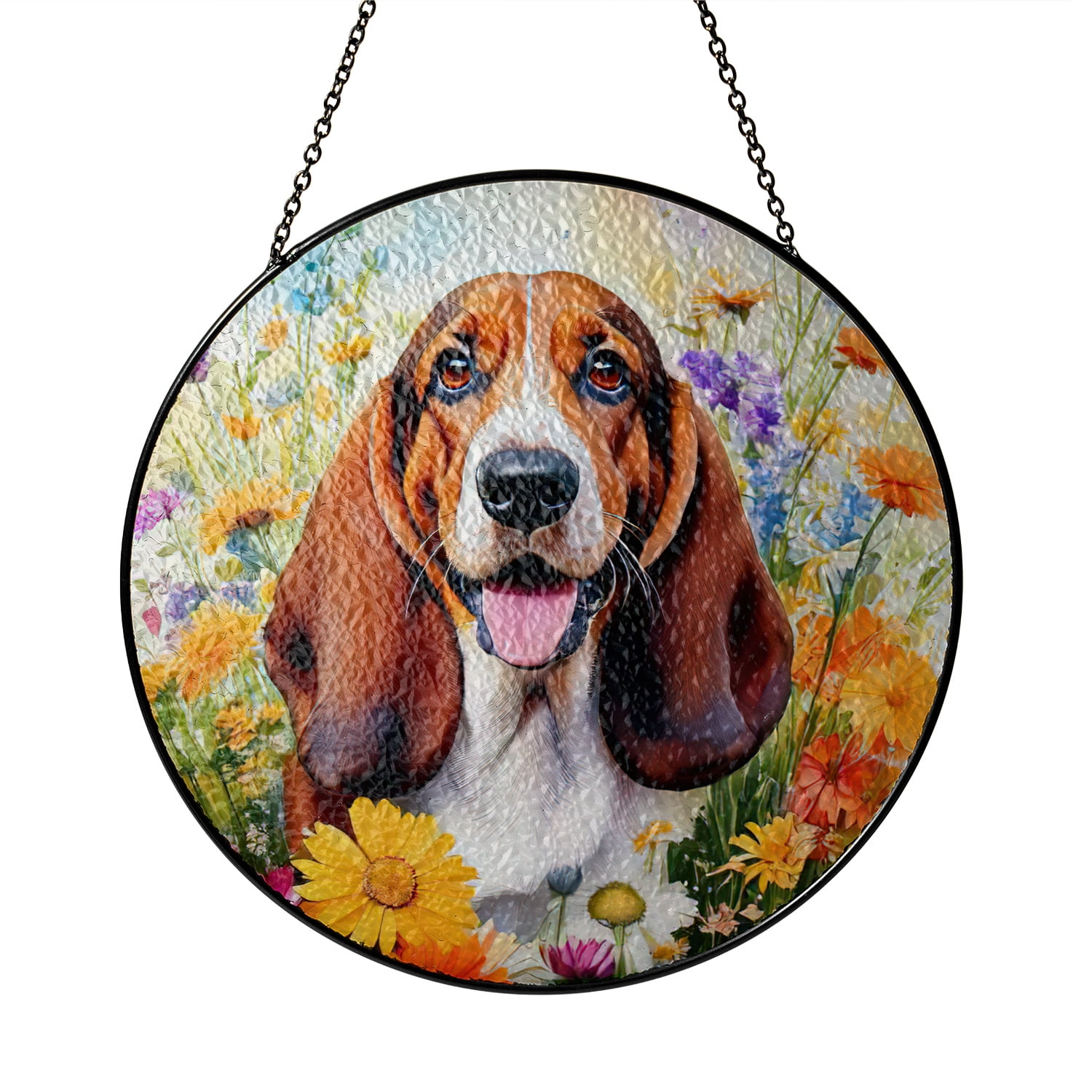 Welcome Spring Summer Basset Hound Portrait Flower Blue Sky Stained ...