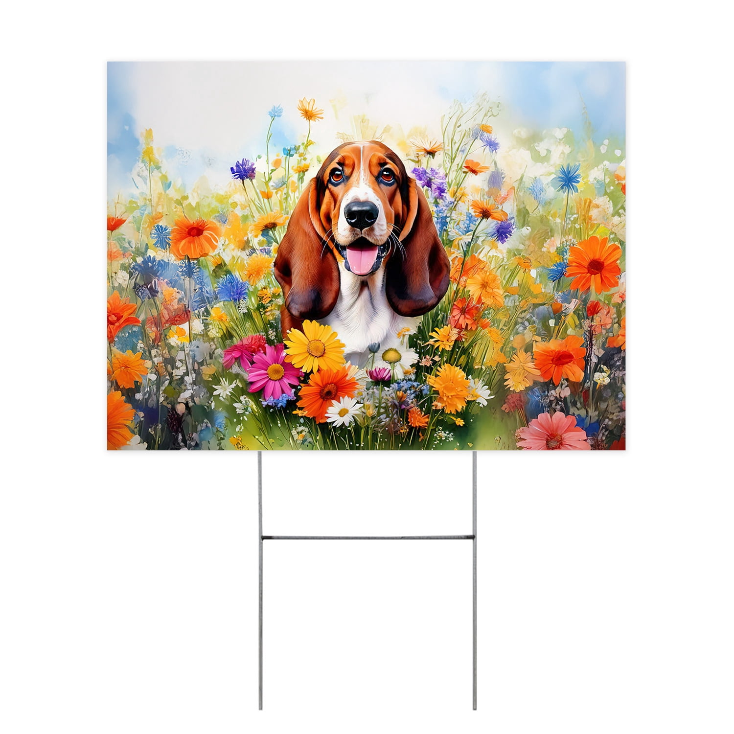 Welcome Spring Summer Basset Hound Portrait Flower Blue Sky Yard Sign ...