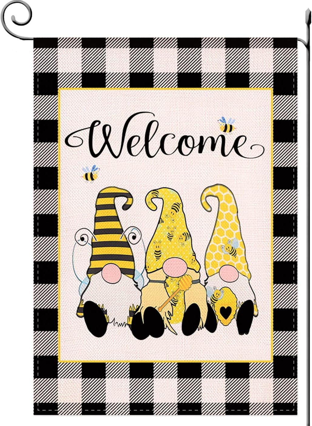 Welcome Spring Summer Bee Gnomes Garden Flag,Buffalo Plaid Check Double ...
