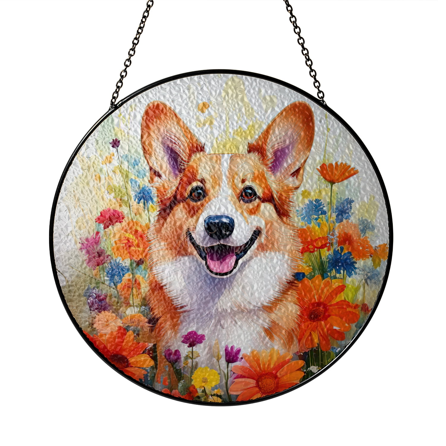 Welcome Spring Summer Corgi Portrait Flower Blue Sky Stained Glass ...