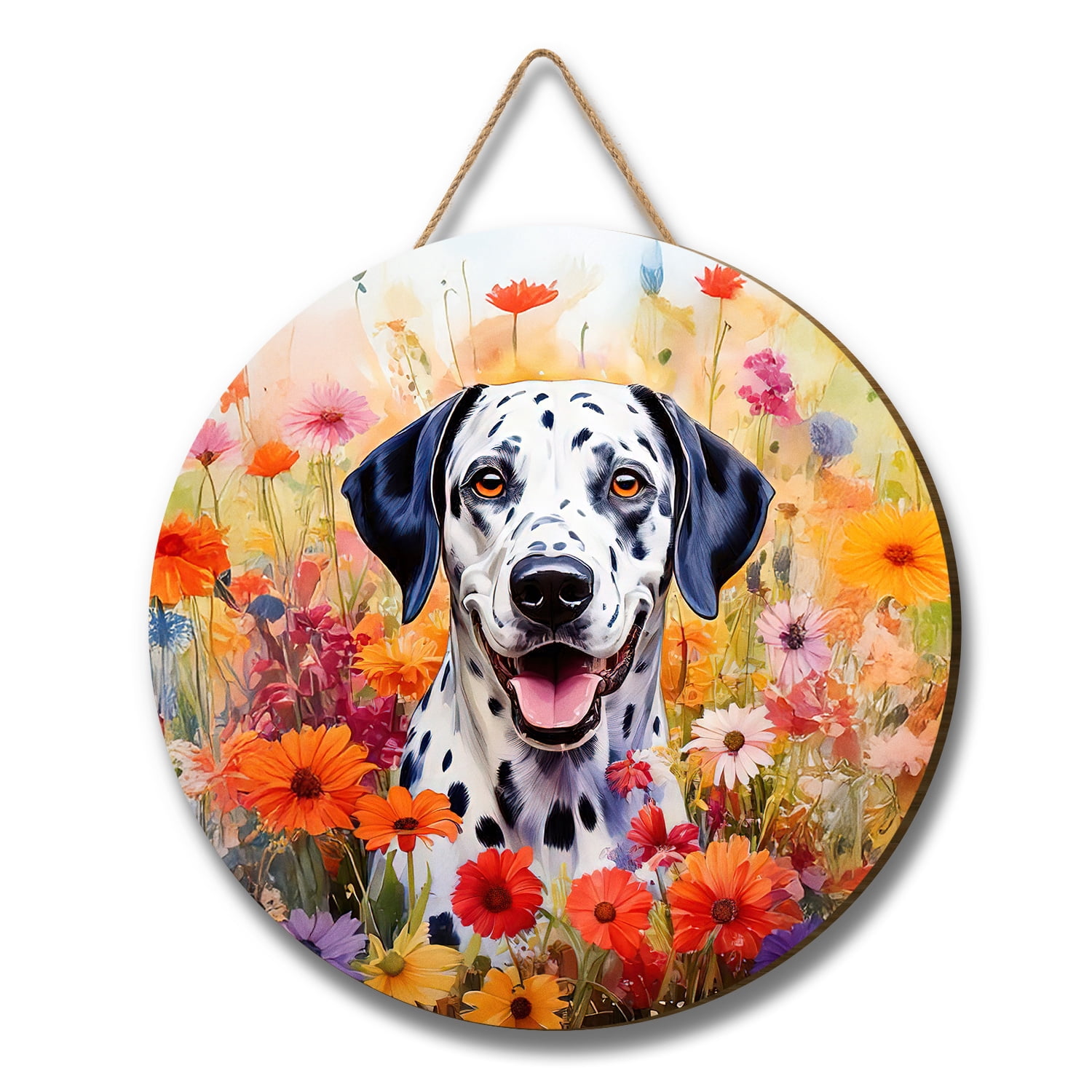 Welcome Spring Summer Dalmatian Portrait Flower Blue Sky Round Wood ...