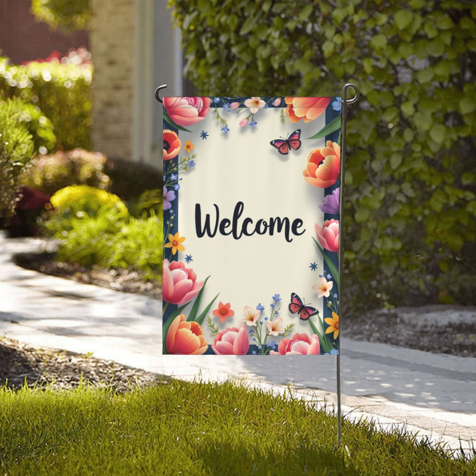 Welcome Spring Summer Garden Flag Colorful Dragonfly Flower Butterfly ...