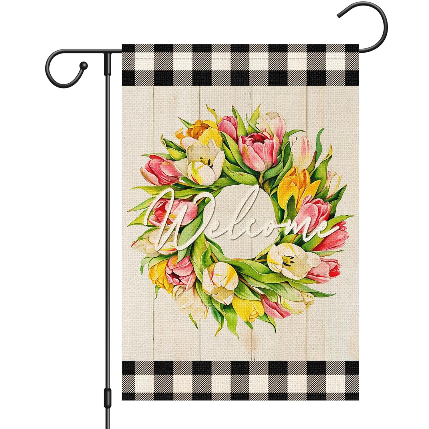 Welcome Spring Summer Garden Flag Double Sided Tulip Flower Wreath Yard ...