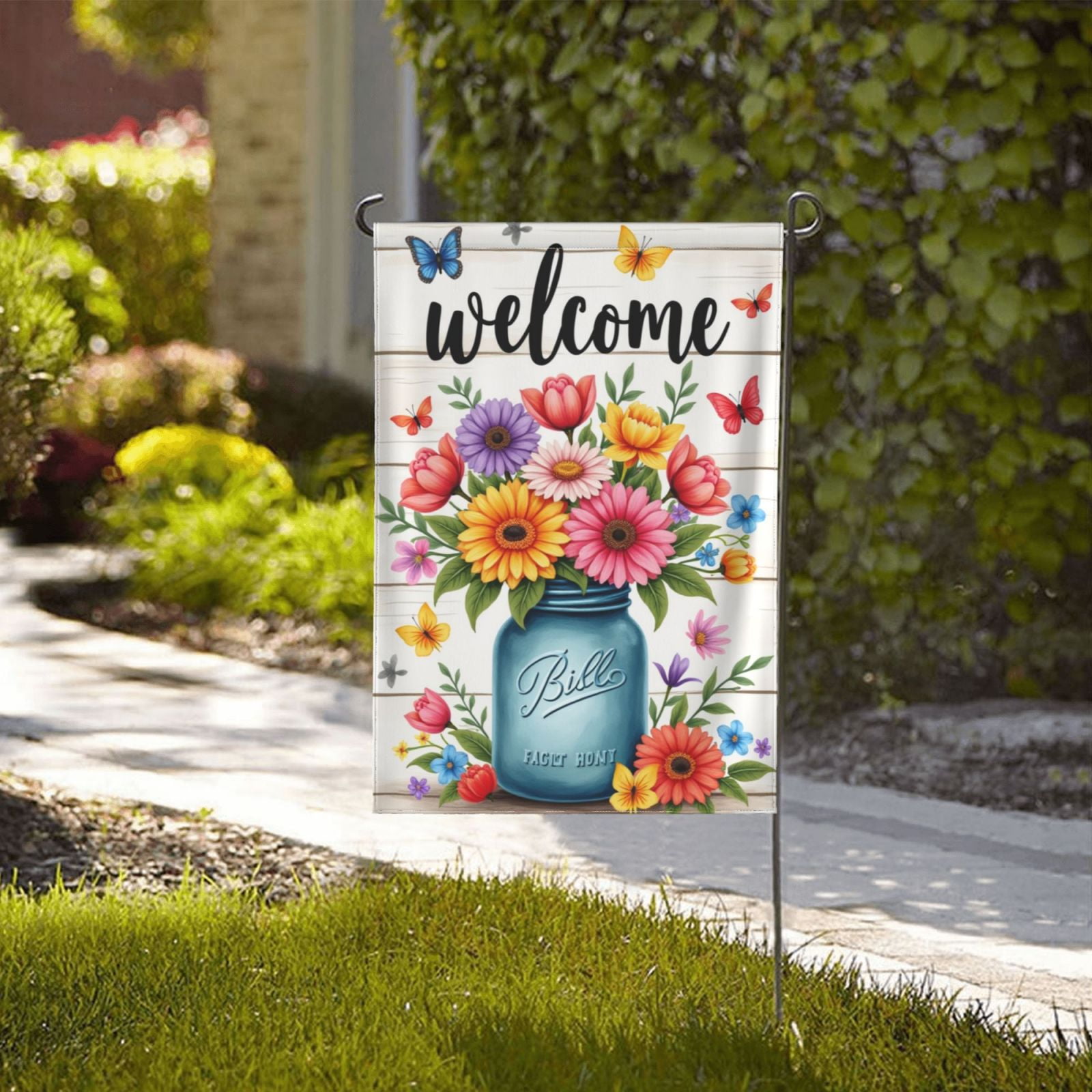 Welcome Spring Summer Garden Flag Mason Jar Butterfly Colorful Flower ...