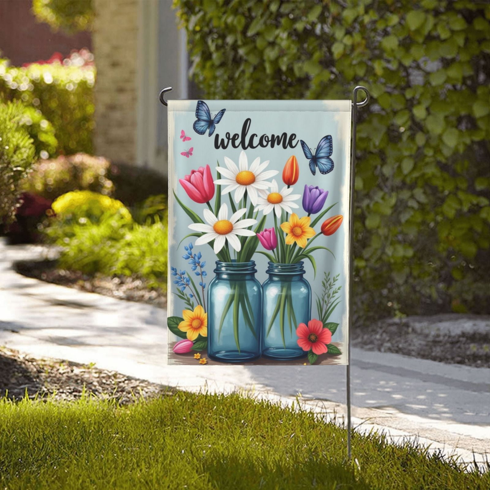 Welcome Spring Summer Garden Flag Mason Jar Butterfly Colorful Flower ...