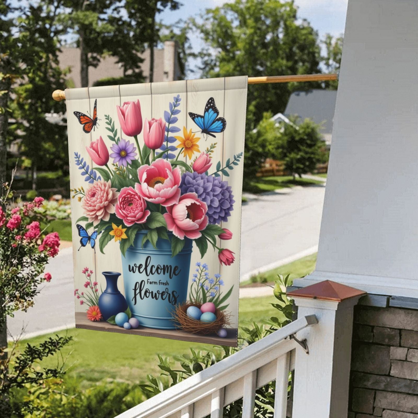 Welcome Spring Summer Garden Flag Retro Watering Can Colorful Flowers ...