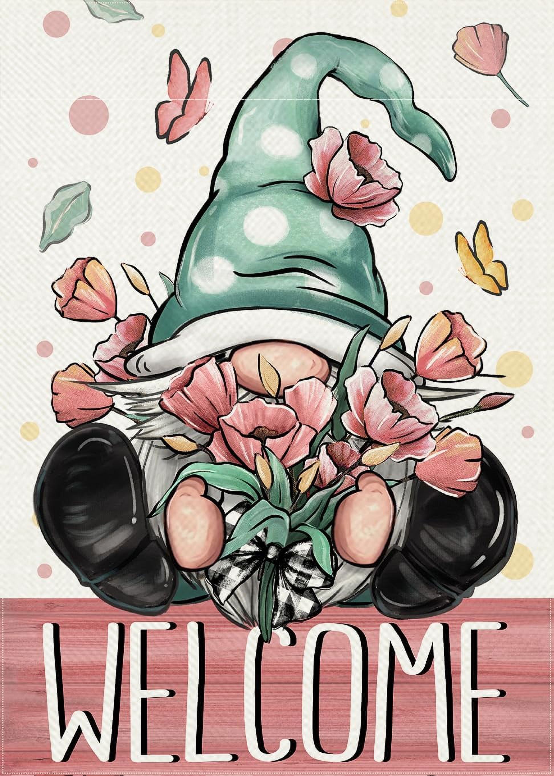 Welcome Spring Summer Gnome Decorative Garden Flag, Pink Poppy Flower ...