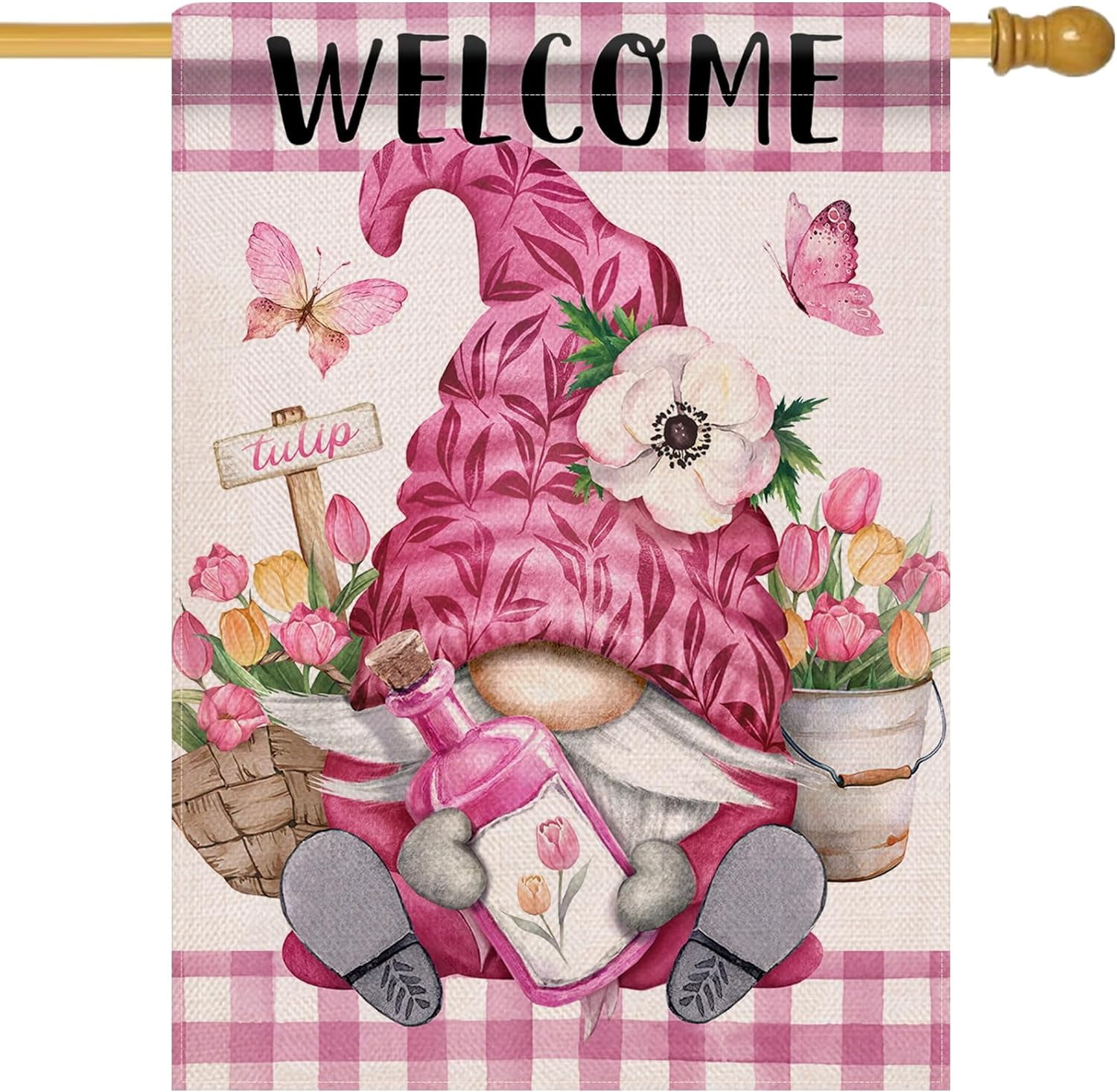 Welcome Spring Summer Gnome Decorative Garden Flag, Tulip Flower Pink ...