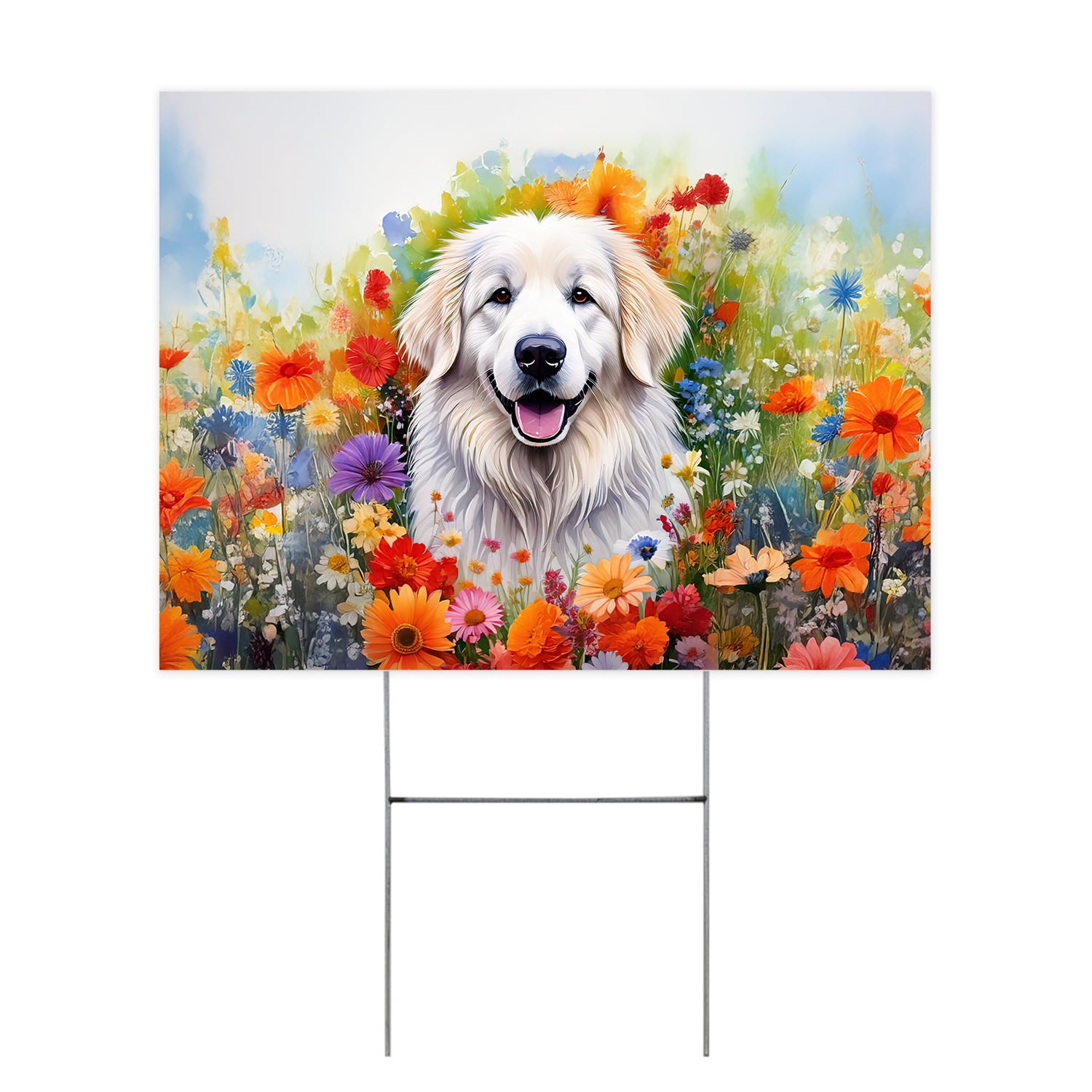 Welcome Spring Summer Great Pyrenees Portrait Flower Blue Sky Yard Sign ...