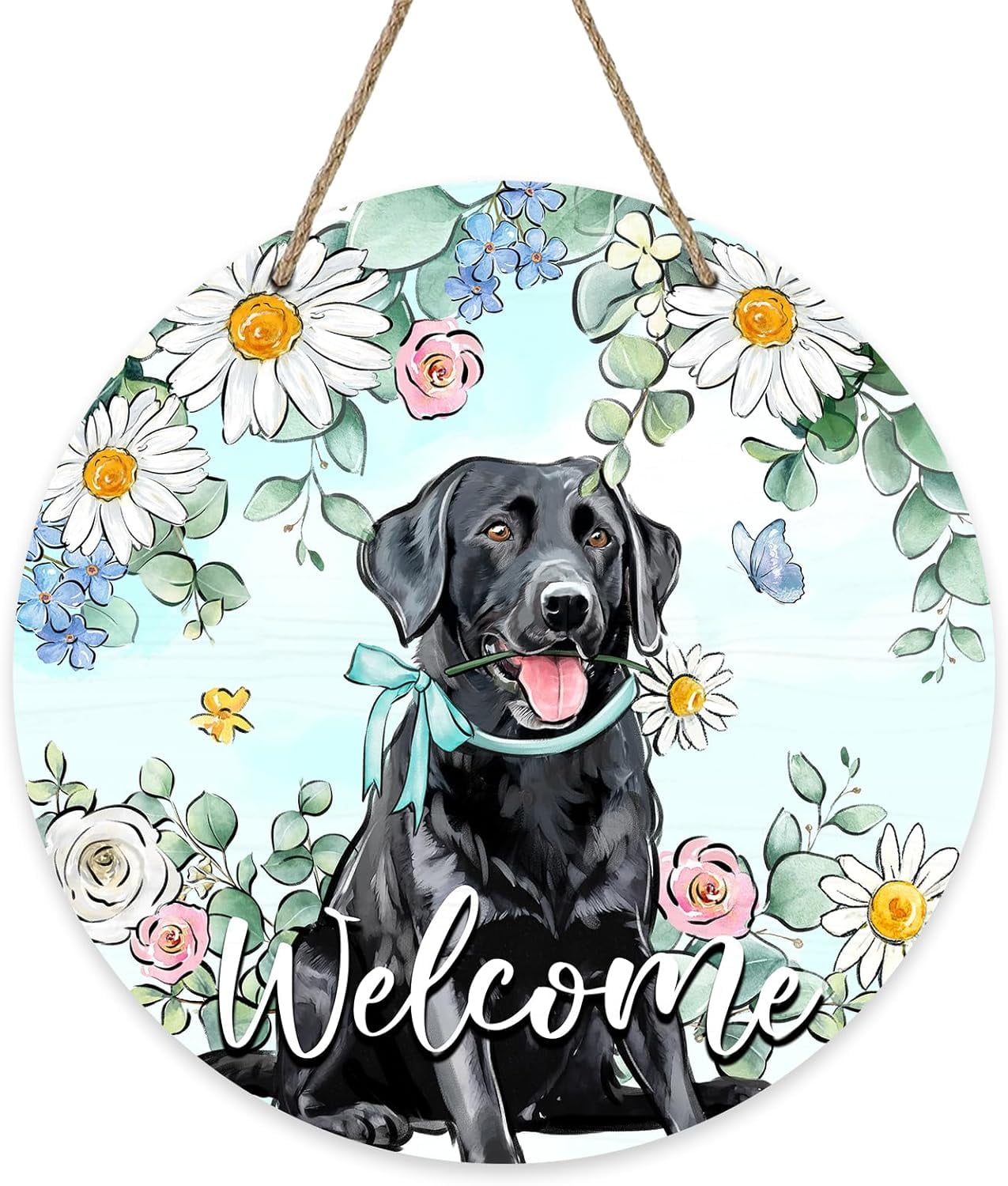 Welcome Spring Summer Labrador Dog Front Door Sign, Black Puppy Daisy ...