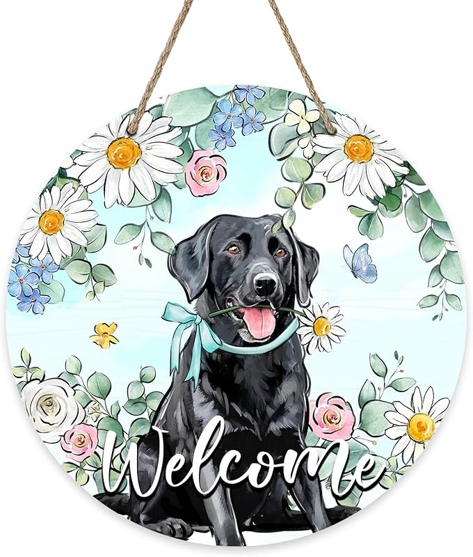 Welcome Spring Summer Labrador Dog Front Door Sign, Black Puppy Daisy ...
