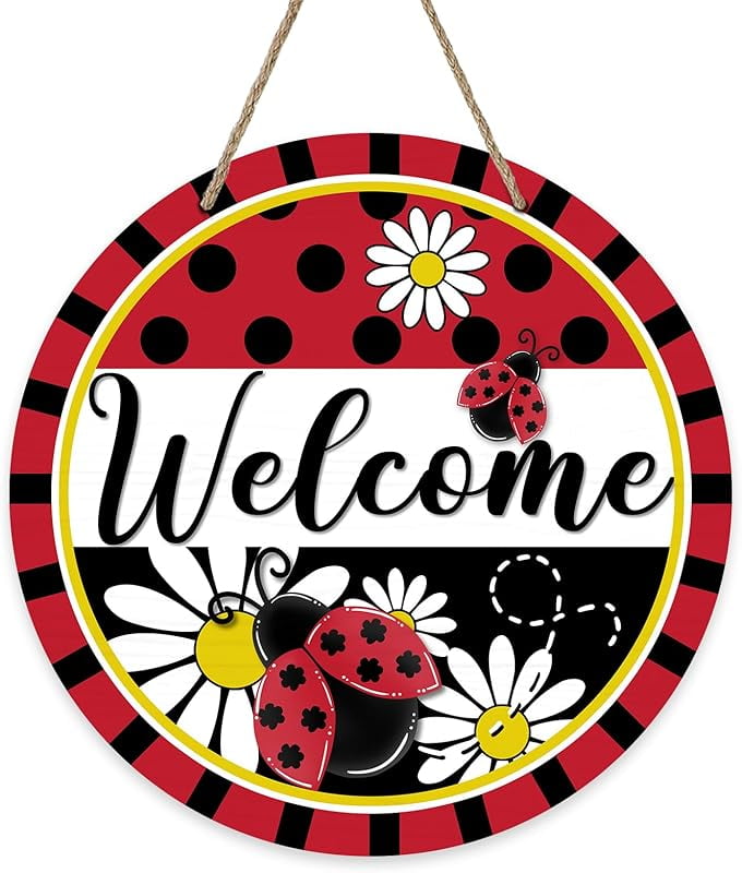 Welcome Spring Summer Ladybug Front Door Sign, Daisy Flower Red Black ...