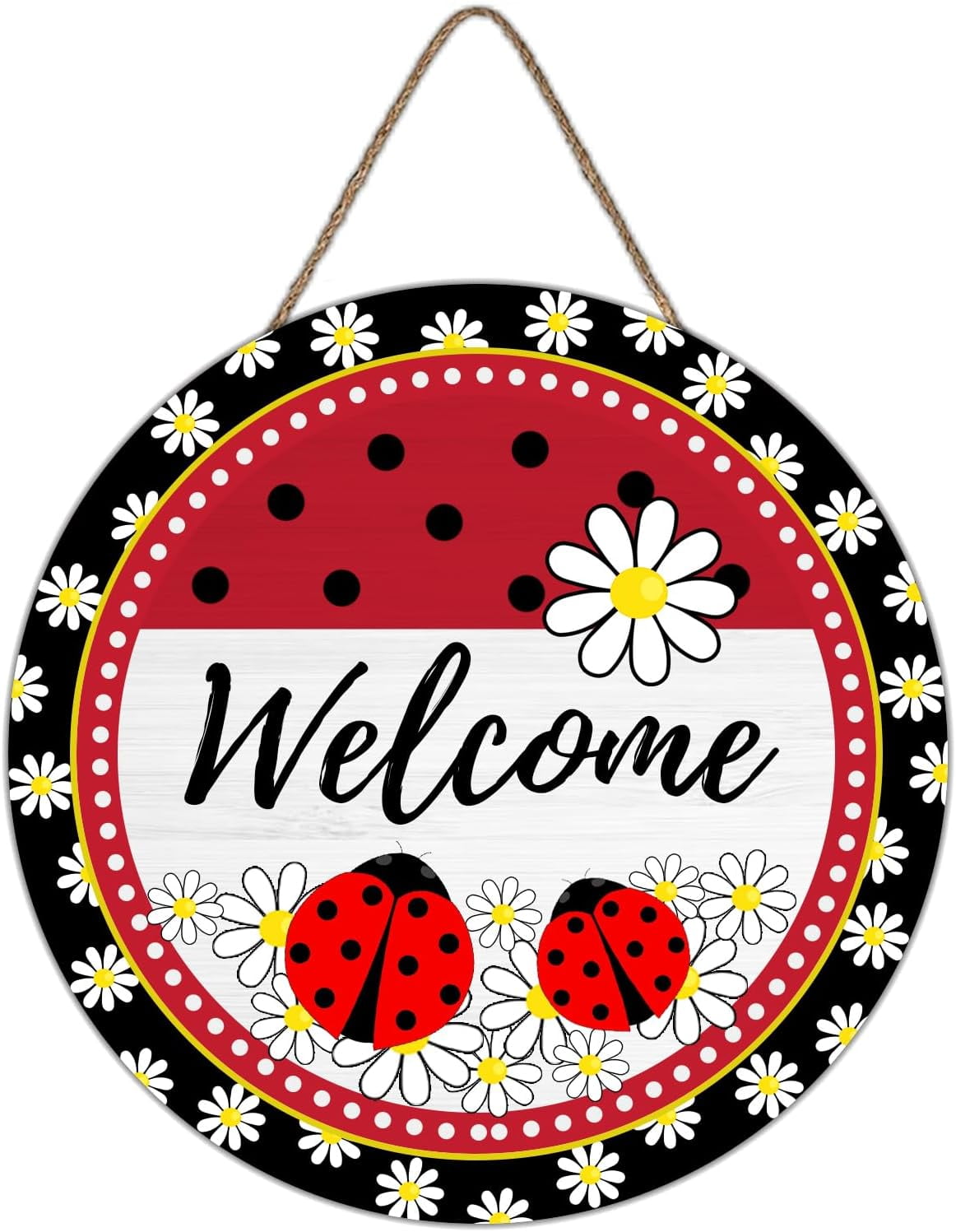 Welcome Spring Summer Ladybug Front Door Sign, Daisy Flower Red Black ...