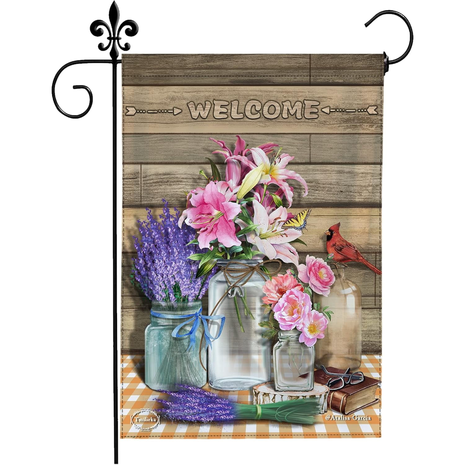 Welcome Spring Summer Lavender Lily Rose Flowers Florals Mason Jar Red ...
