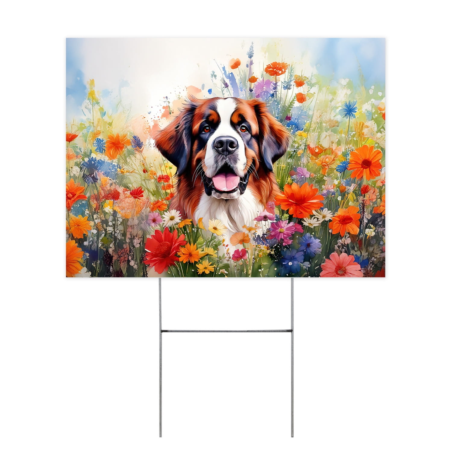 Welcome Spring Summer Saint Bernard Portrait Flower Blue Sky Yard Sign ...