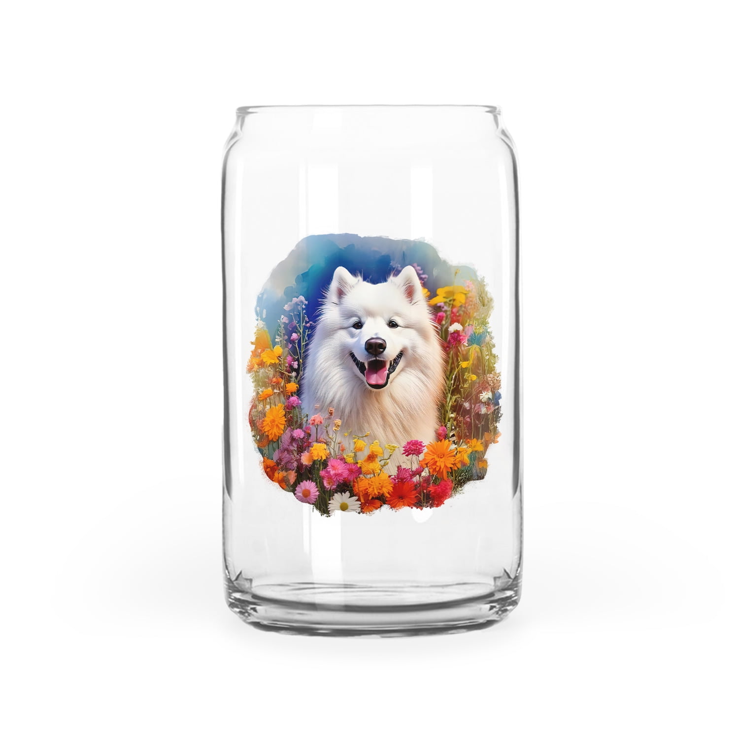 Welcome Spring Summer Samoyed Portrait Flower Blue Sky 16oz Glass Cup ...