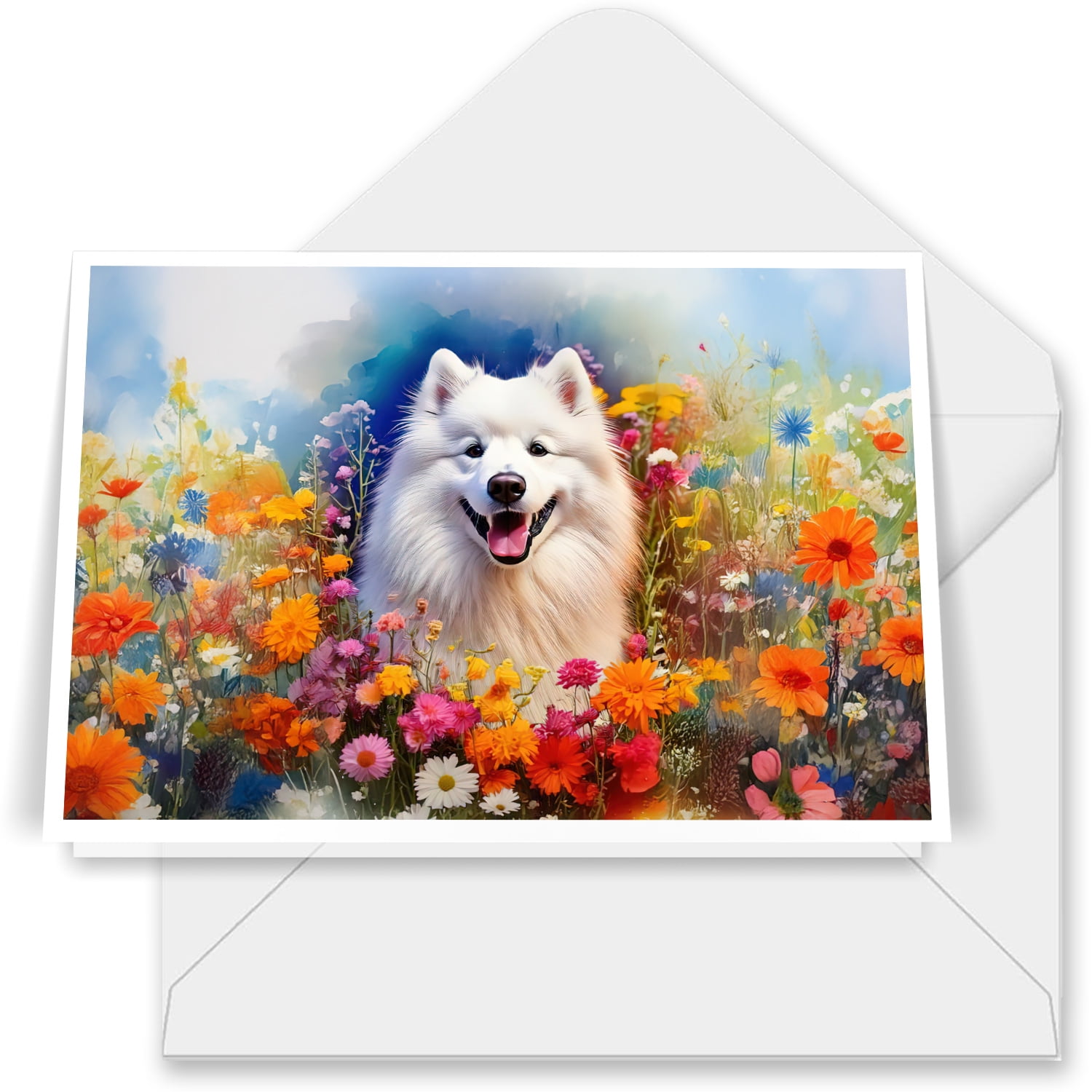 Welcome Spring Summer Samoyed Portrait Flower Blue Sky 7x5in Folded ...