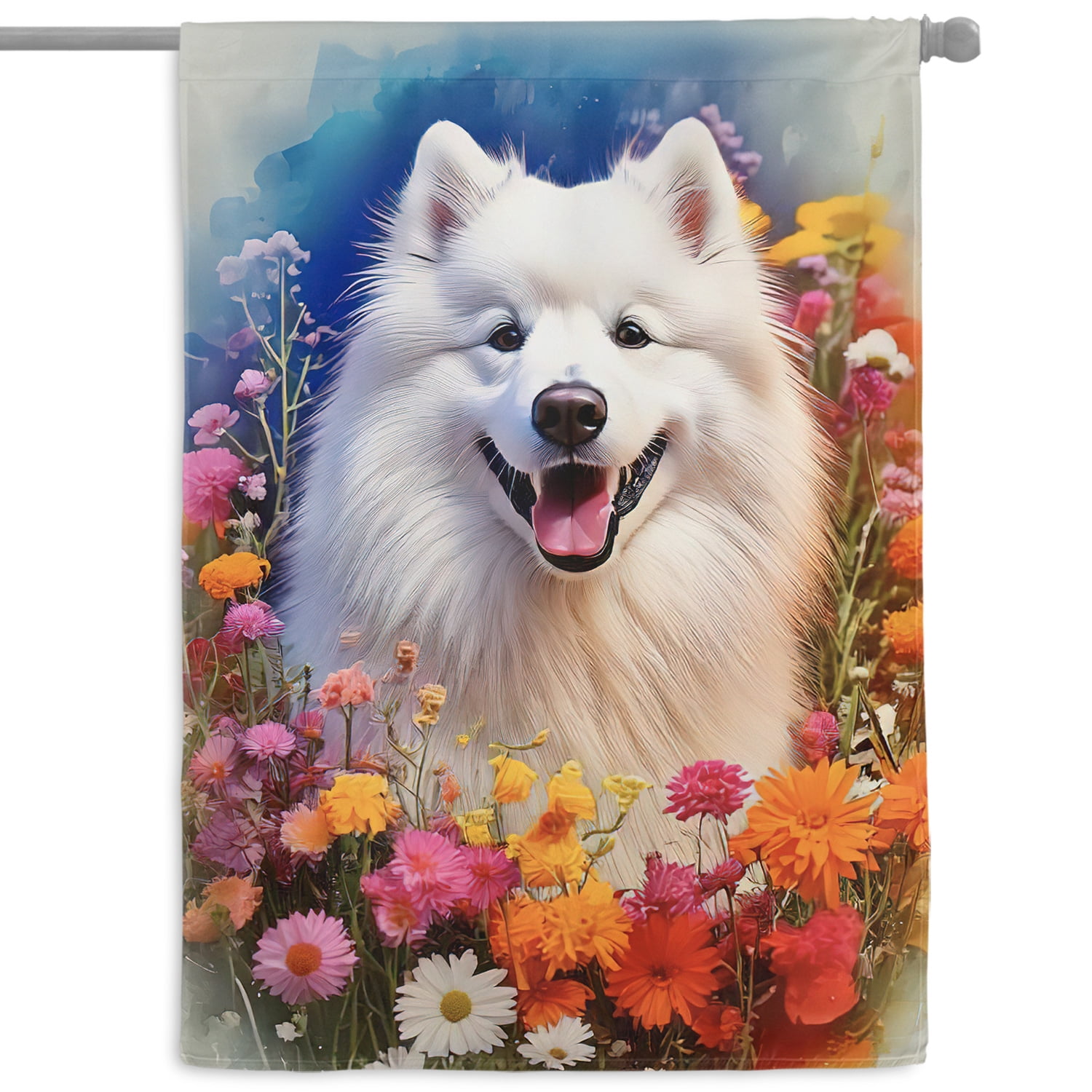 Welcome Spring Summer Samoyed Portrait Flower Blue Sky House Flag ...