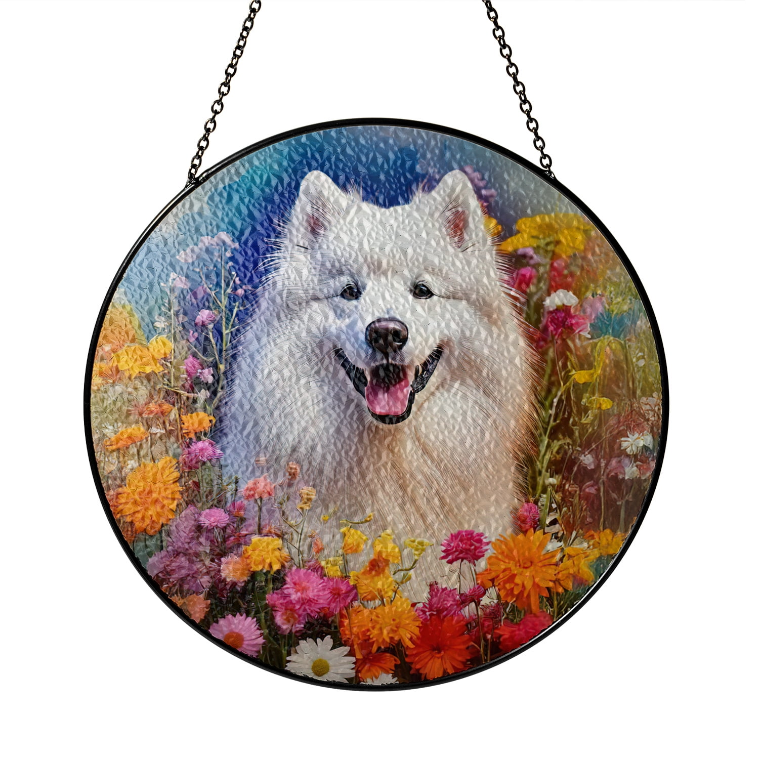 Welcome Spring Summer Samoyed Portrait Flower Blue Sky Stained Glass ...