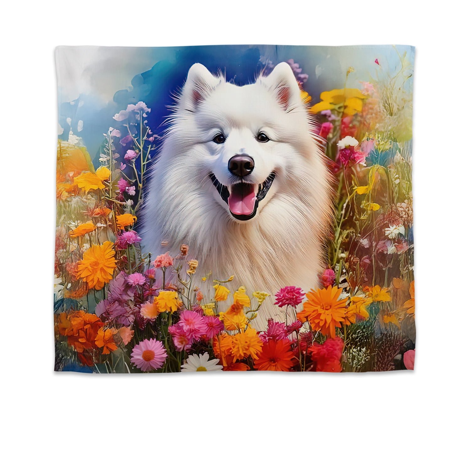 Welcome Spring Summer Samoyed Portrait Flower Blue Sky Tapestry ...