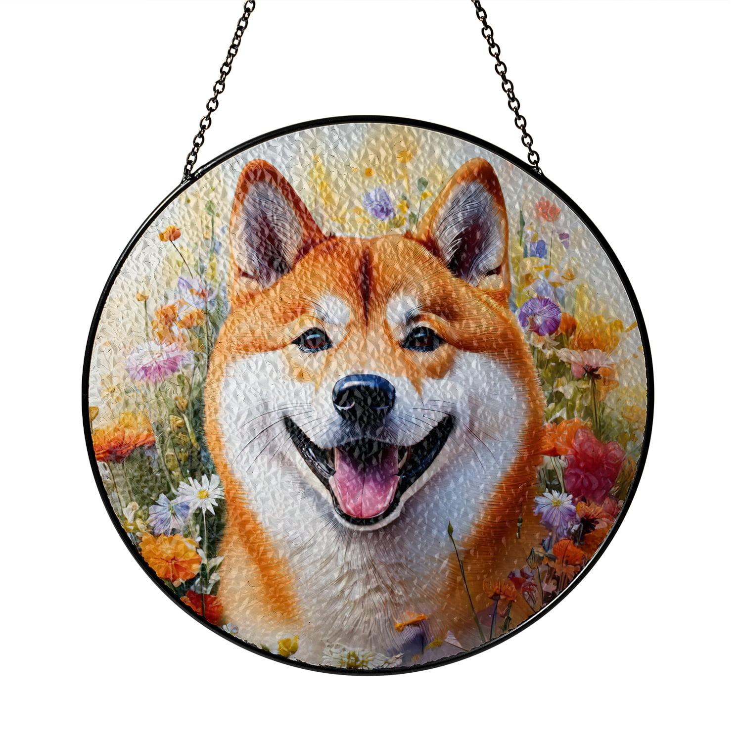Welcome Spring Summer Shiba Inu Portrait Flower Blue Sky Stained Glass ...