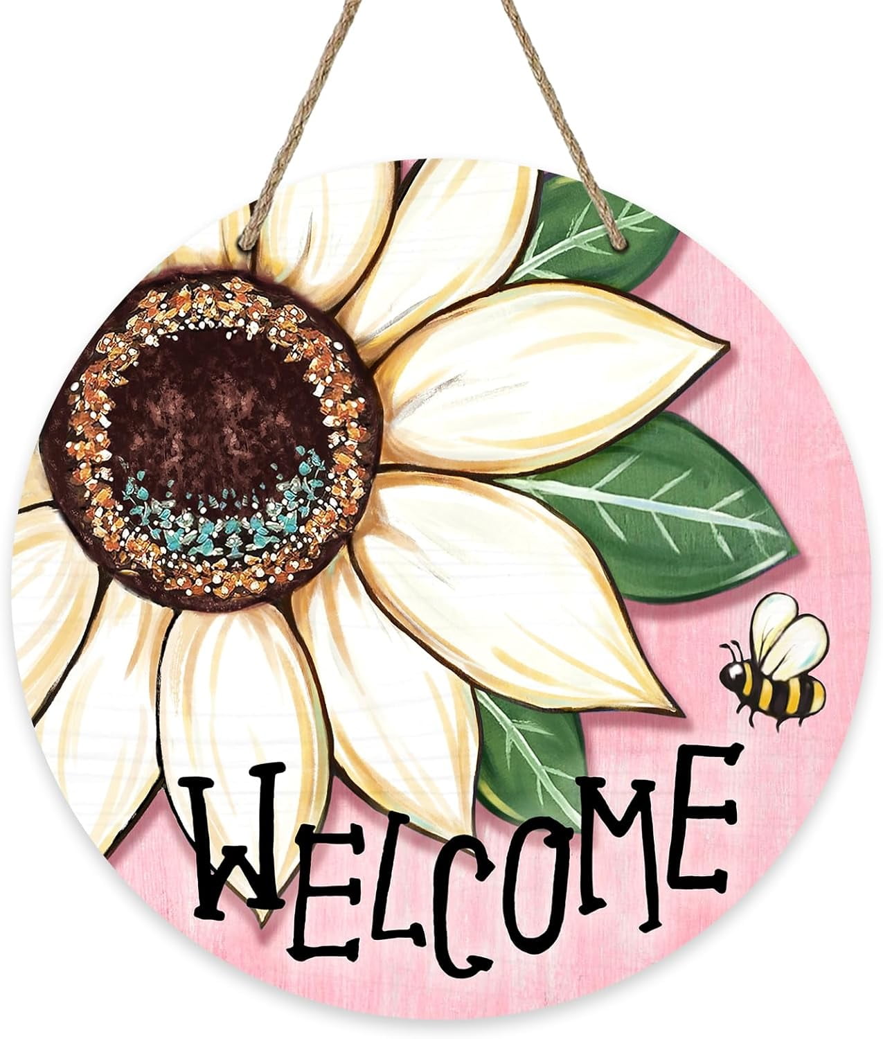 Welcome Spring Summer Sunflower Front Door Sign, Floral Bee Pink Wood ...