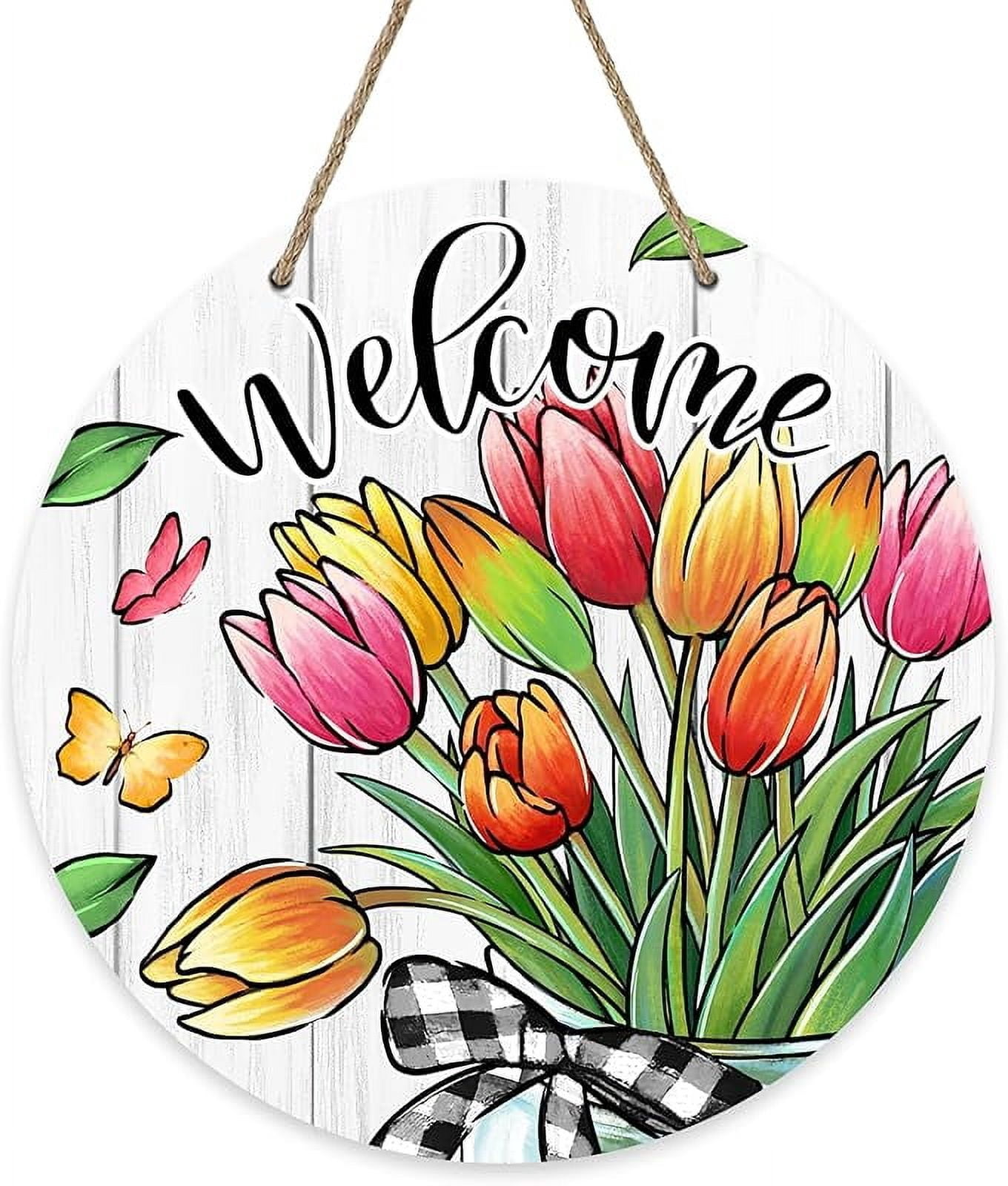 Welcome Spring Summer Tulip Flowers Front Door Sign, Floral Butterfly ...