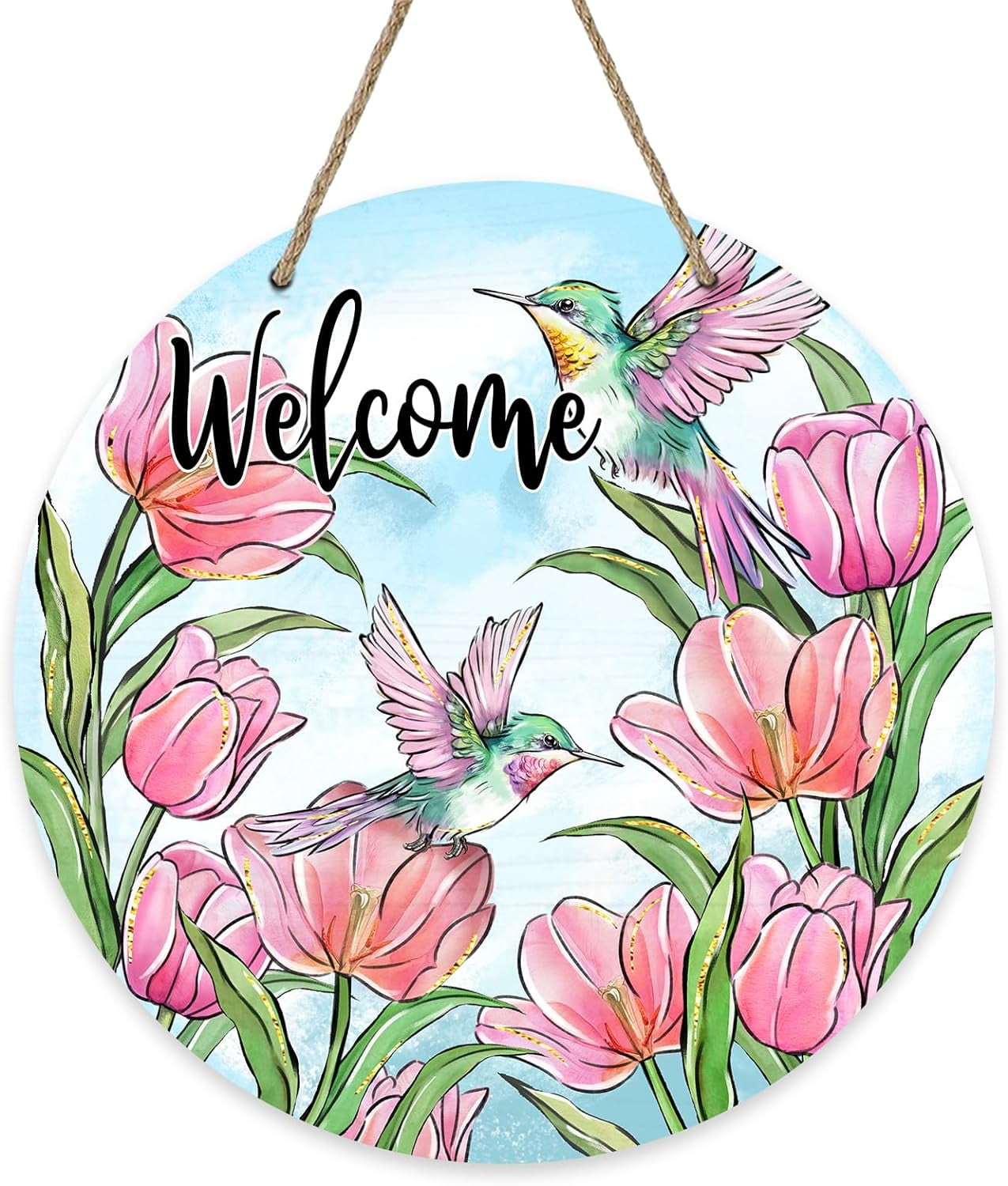Welcome Spring Summer Tulip Flowers Front Door Sign, Hummingbird Pink ...