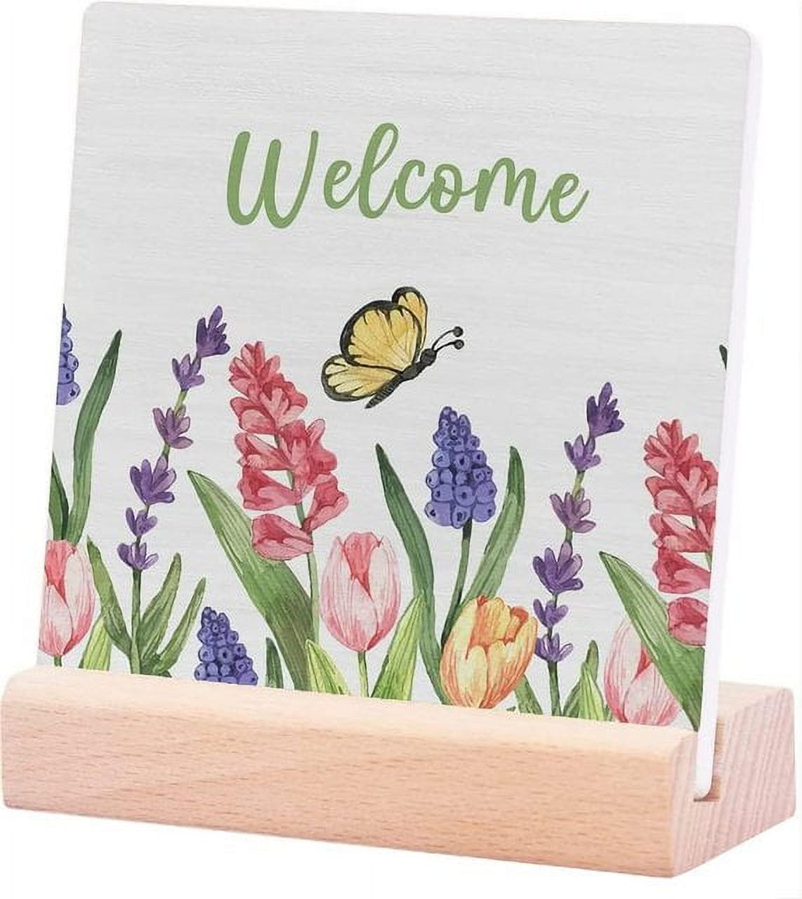Welcome Spring Tulips Ceramic Table Sign Plaque Decor Desk Sign Floral ...