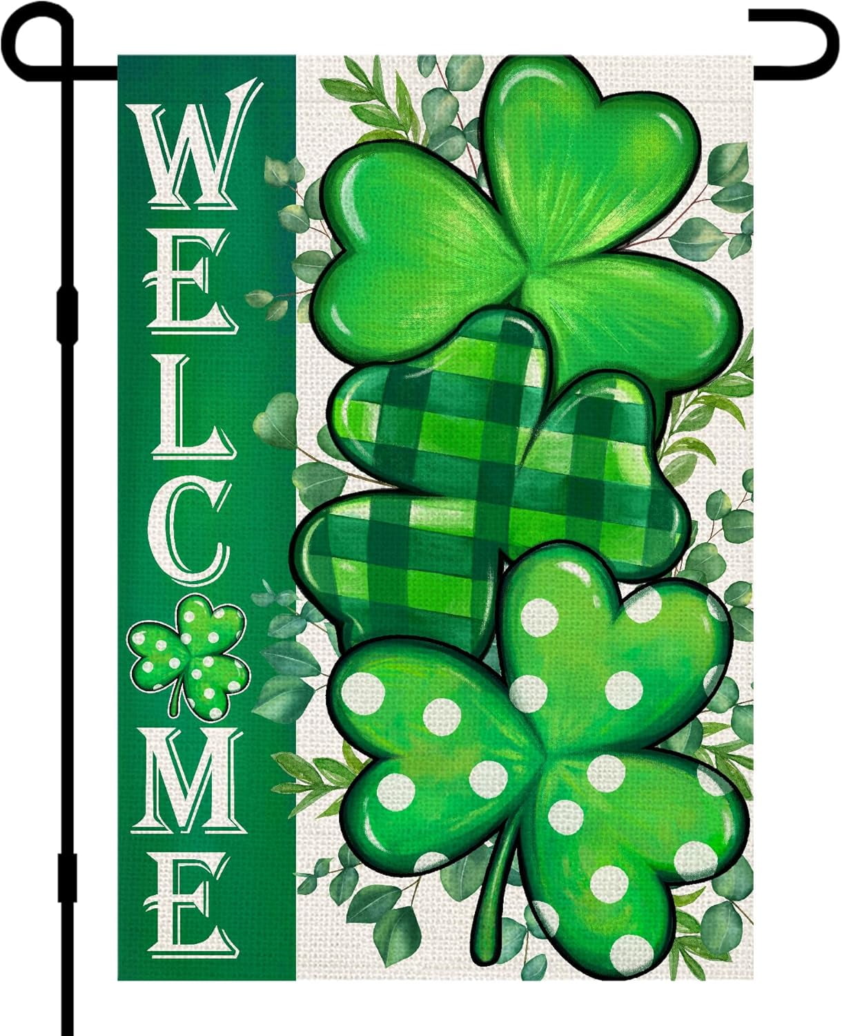 Welcome St Patricks Day Garden Flag 12x18 Double Sided Burlap, Green Shamrocks Lucky Clover ...