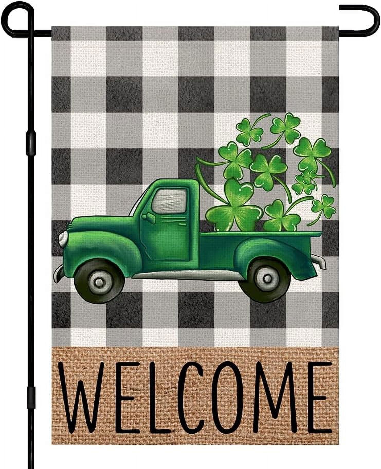 Welcome St Patricks Day Garden Flag 12x18 Inch Double Sided Burlap, Truck Lucky Shamrocks Sign ...