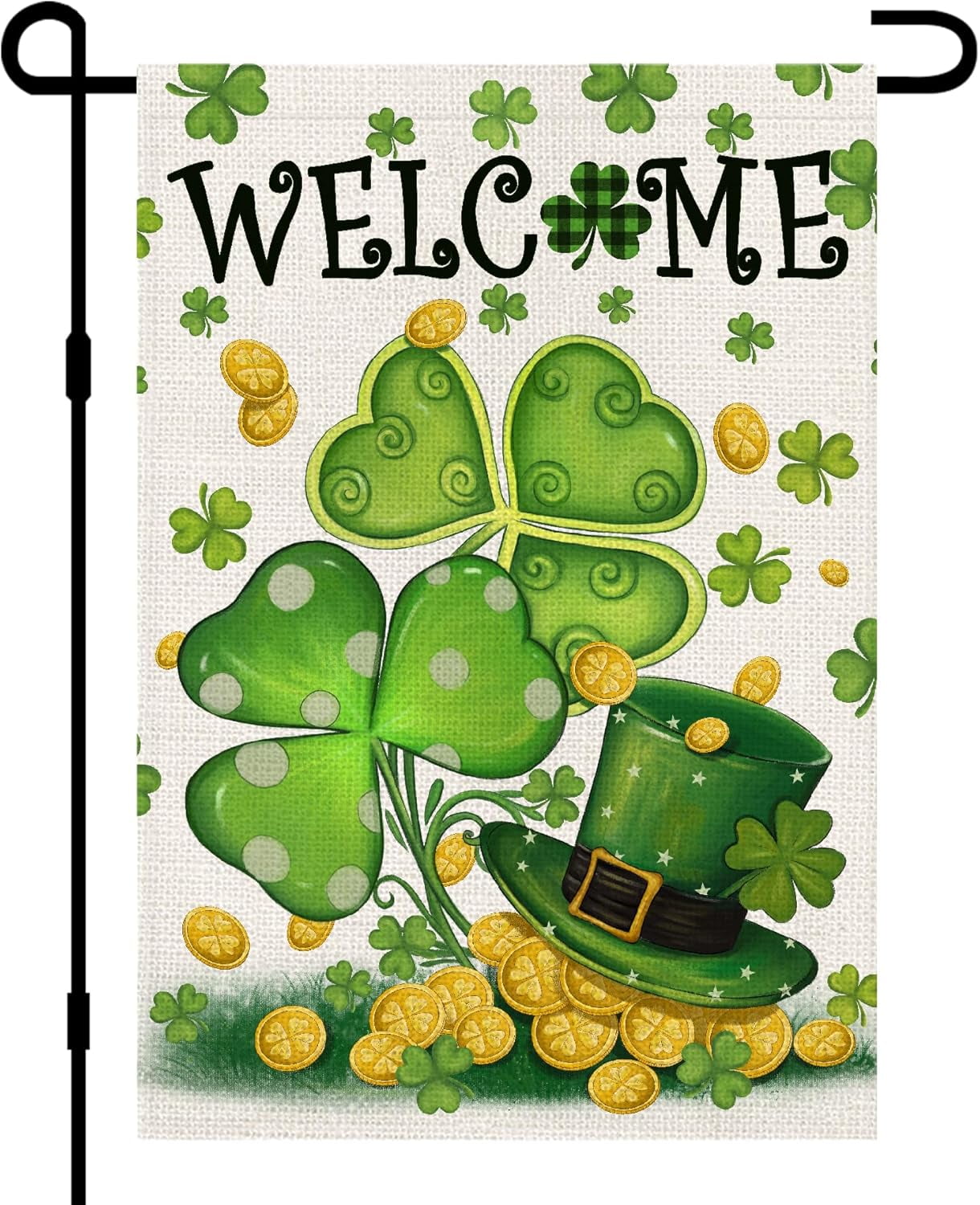 Welcome St Patricks Day Garden Flag Burlap 12x18 Double Sided, Green Hat Shamrock Lucky Clover ...