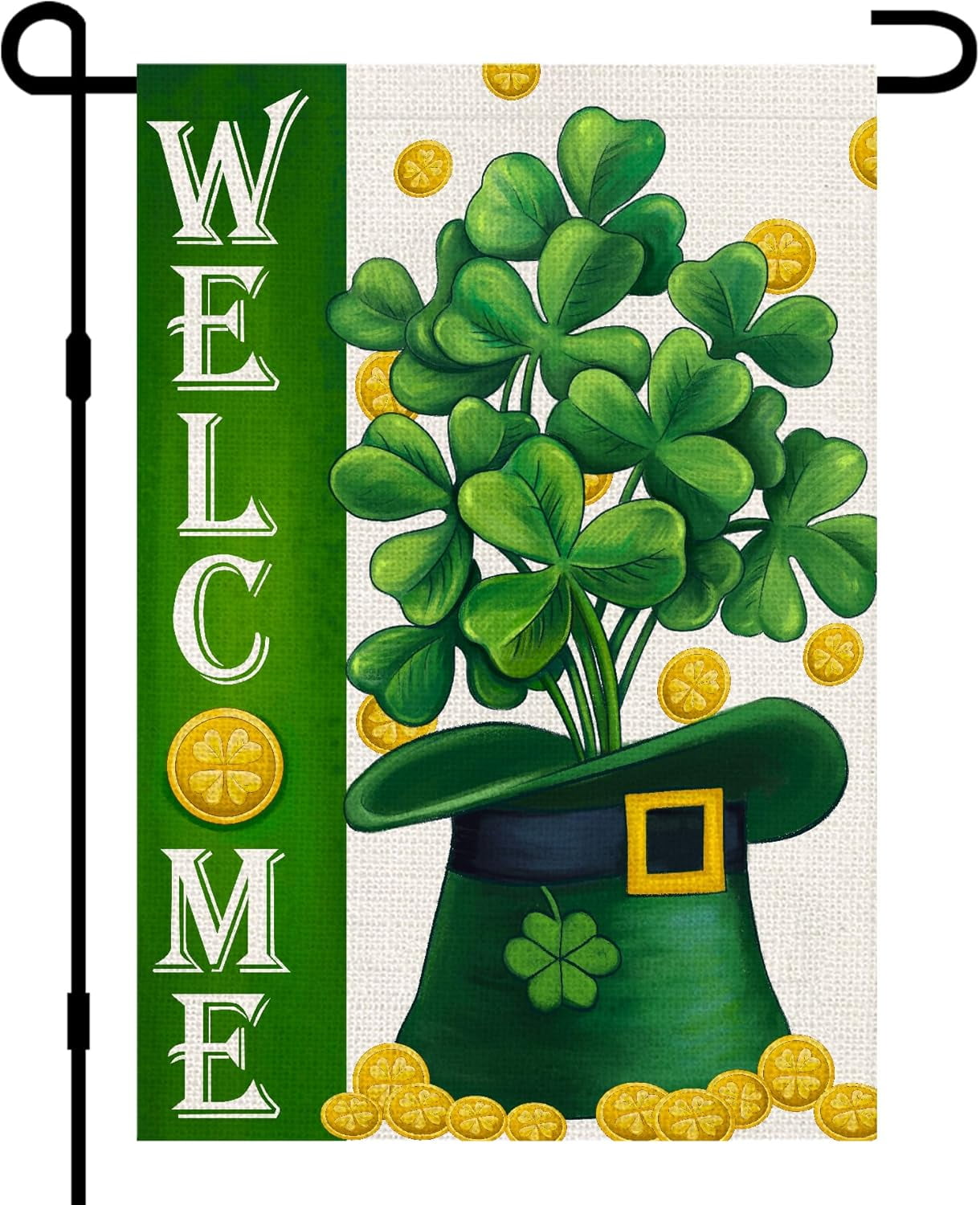 Welcome St Patricks Day Garden Flags Burlap 12x18 Double Sided, Green Hat Lucky Shamrocks Gold ...