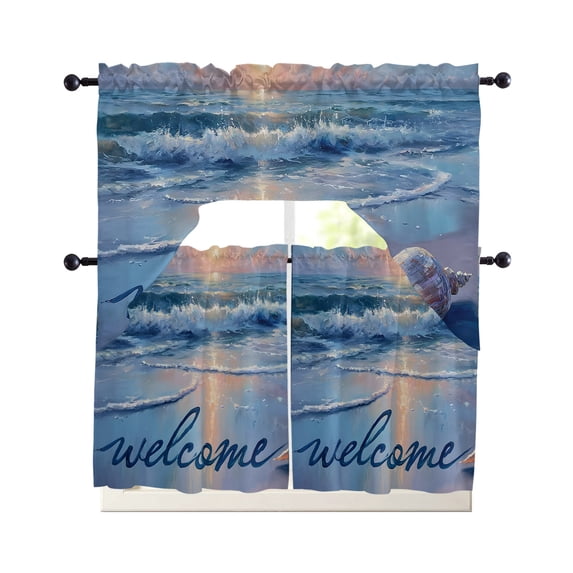 Welcome Summer Beach Kitchen Curtains Set for Windows 3 Piece Cafe ...