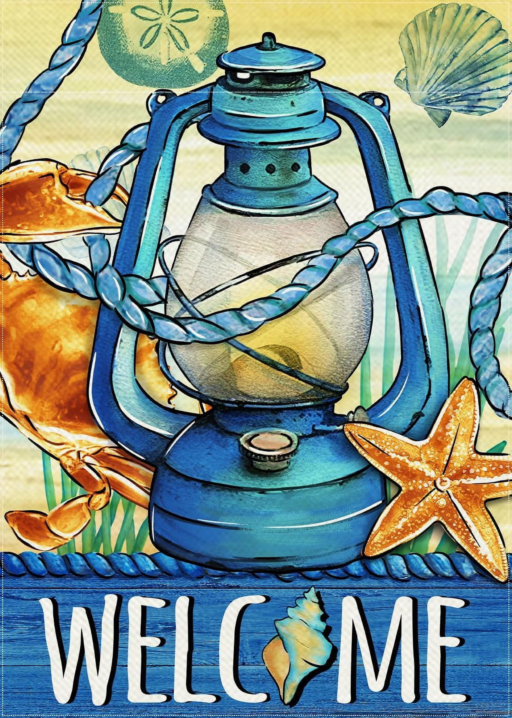 Welcome Summer Blue Lantern Decorative Garden Flag, Beach Coastal Crab ...