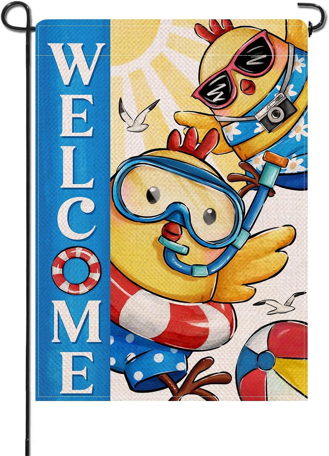 Welcome Summer Chicks Pool Small Decorative Garden Flag, Chicken Swim Ring Ball Sun Sunshine ...