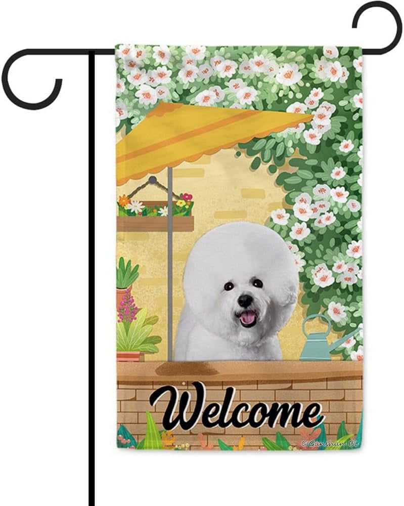 Welcome Summer Dog Garden Flag Bichon Frise Dog Play in the Yard Floral ...