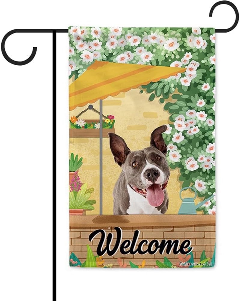 Welcome Summer Dog Garden Flag PitBull Play in the Yard Floral Plants ...