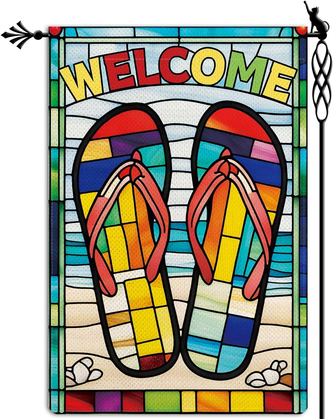 Welcome Summer Flip Flops Garden Flag Stained Glass Style Beach Garden ...