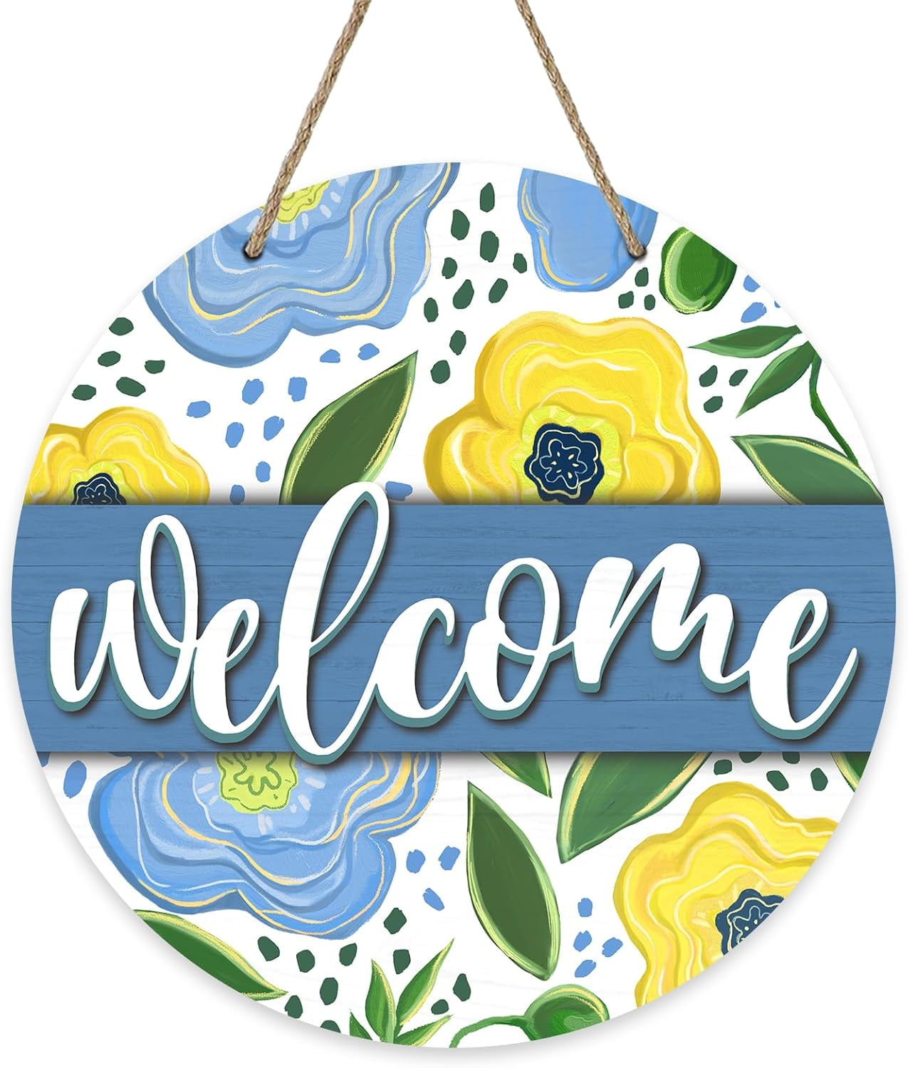 Welcome Summer Flower Front Door Sign, Blue Yellow Floral Wood Door ...