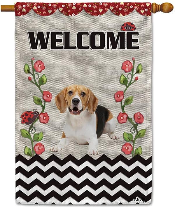 Welcome Summer Ladybugs and Dog House Flag Beagle Dog Rustic Floral ...
