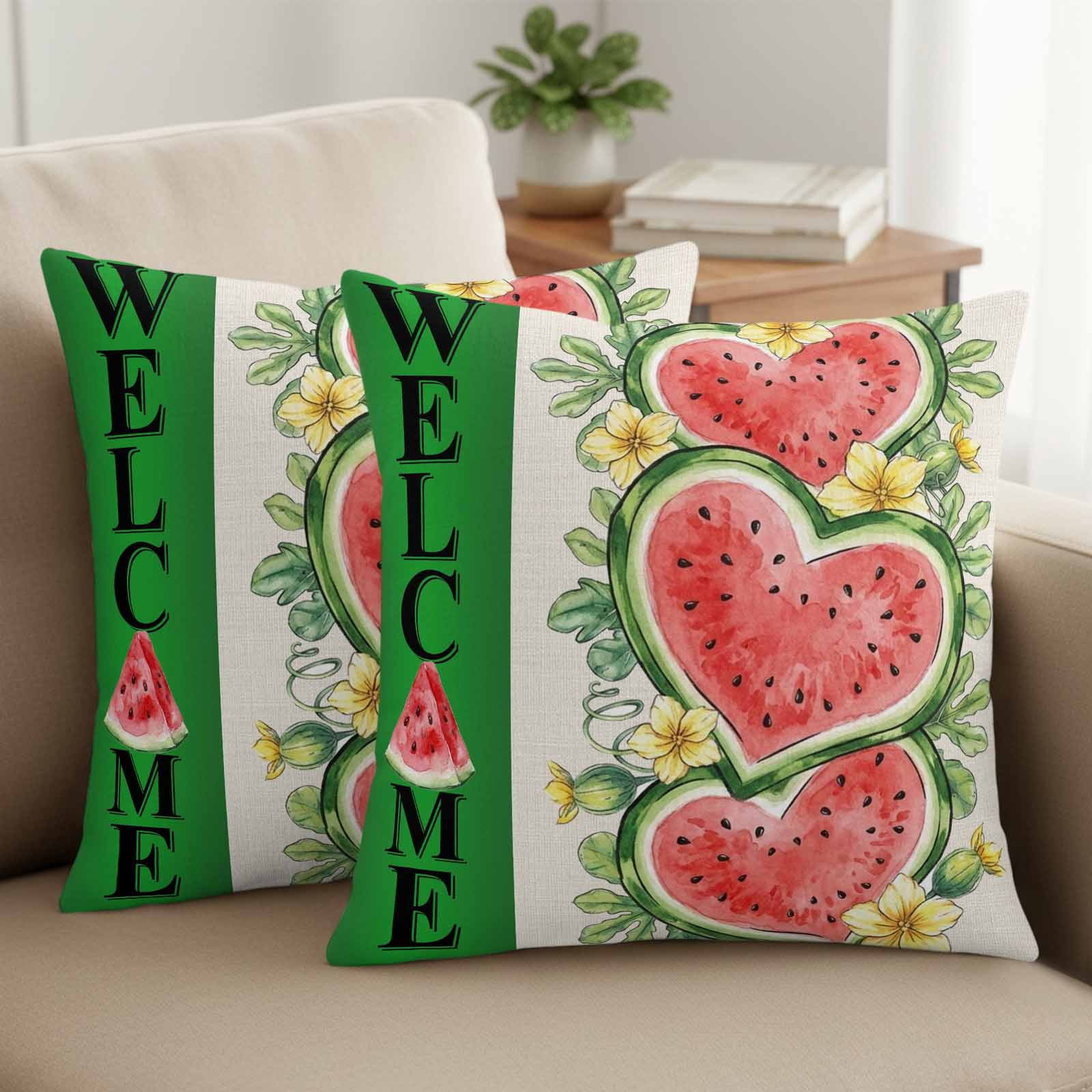 Welcome Summer Pillow Covers Set of 2, Heart Watermelon Vines Flower ...